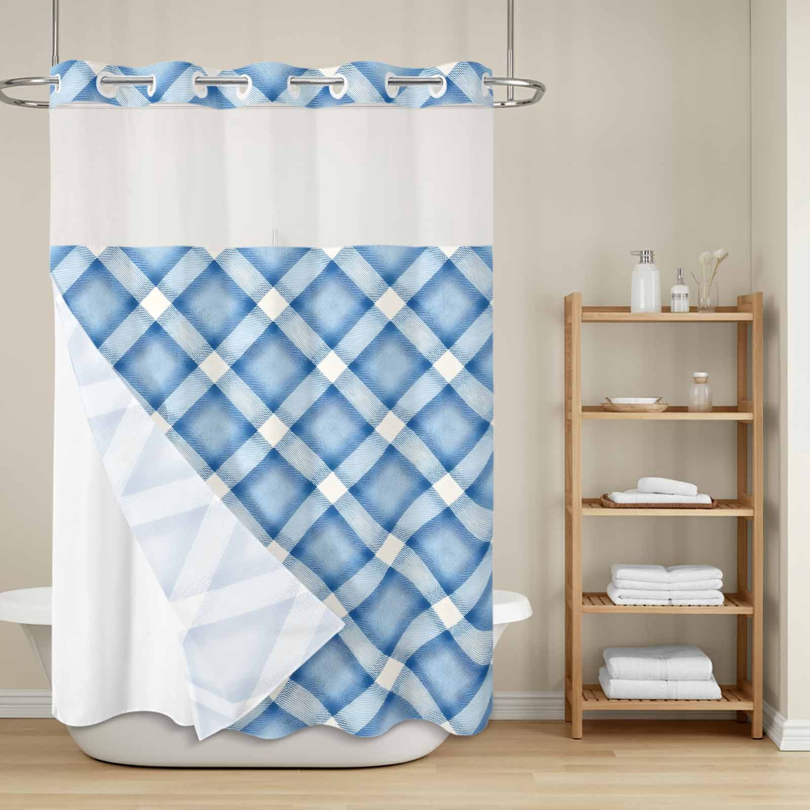 Blue Checkered No Hook Shower Curtain with Snap in Liner, Modern ...