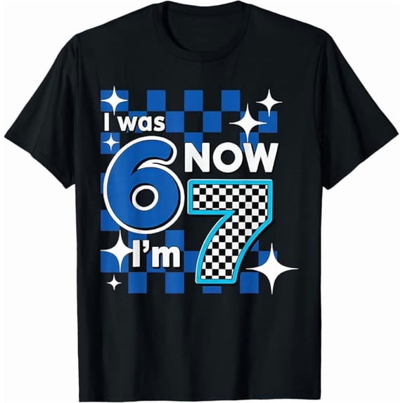 Blue Checkered I Was 6 Now I'm 7 Birthday T-Shirt with Colorful Graphic ...