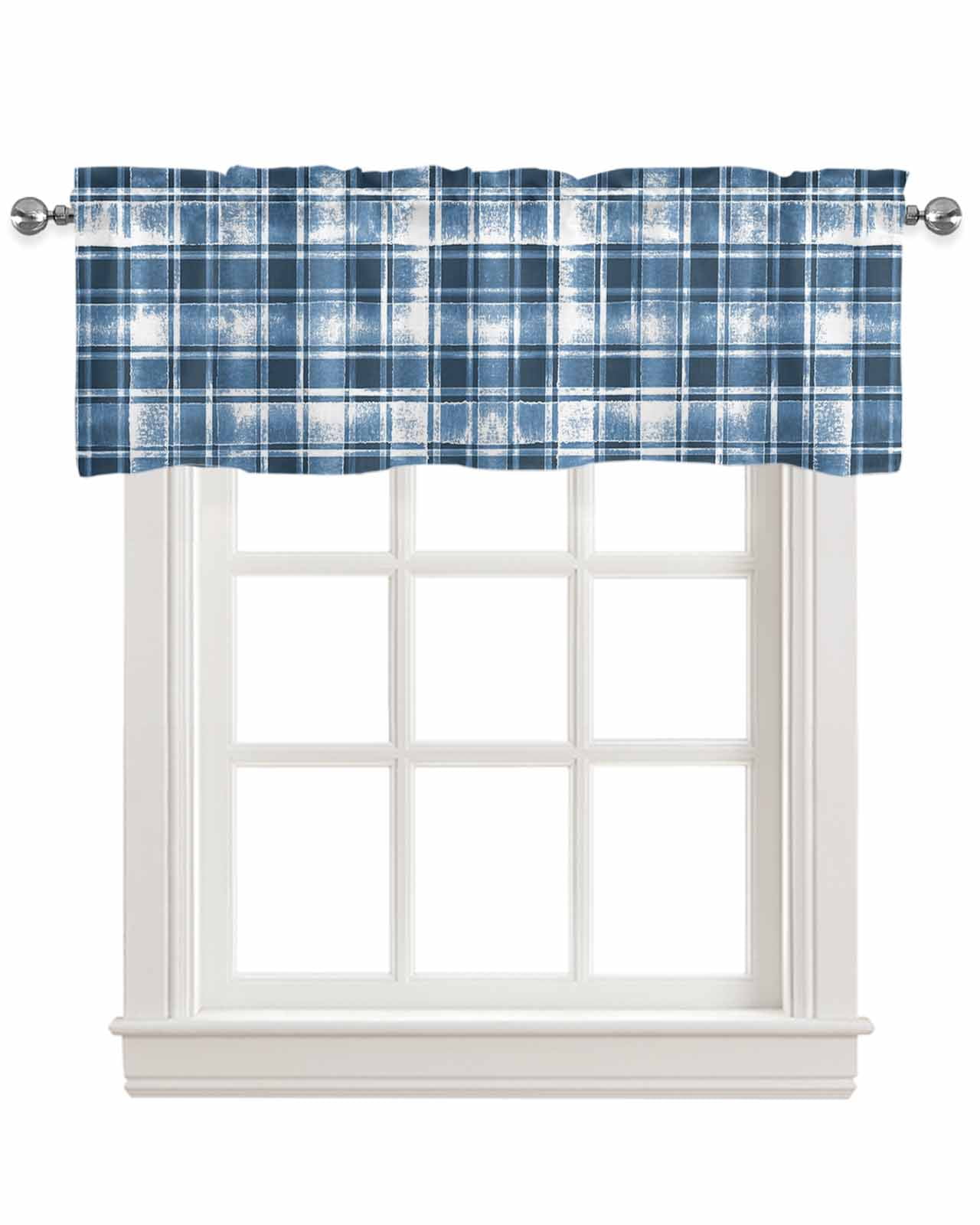 Blue Checkered Linen Curtain Valance for Bedroom/Bathroom/Kitchen ...