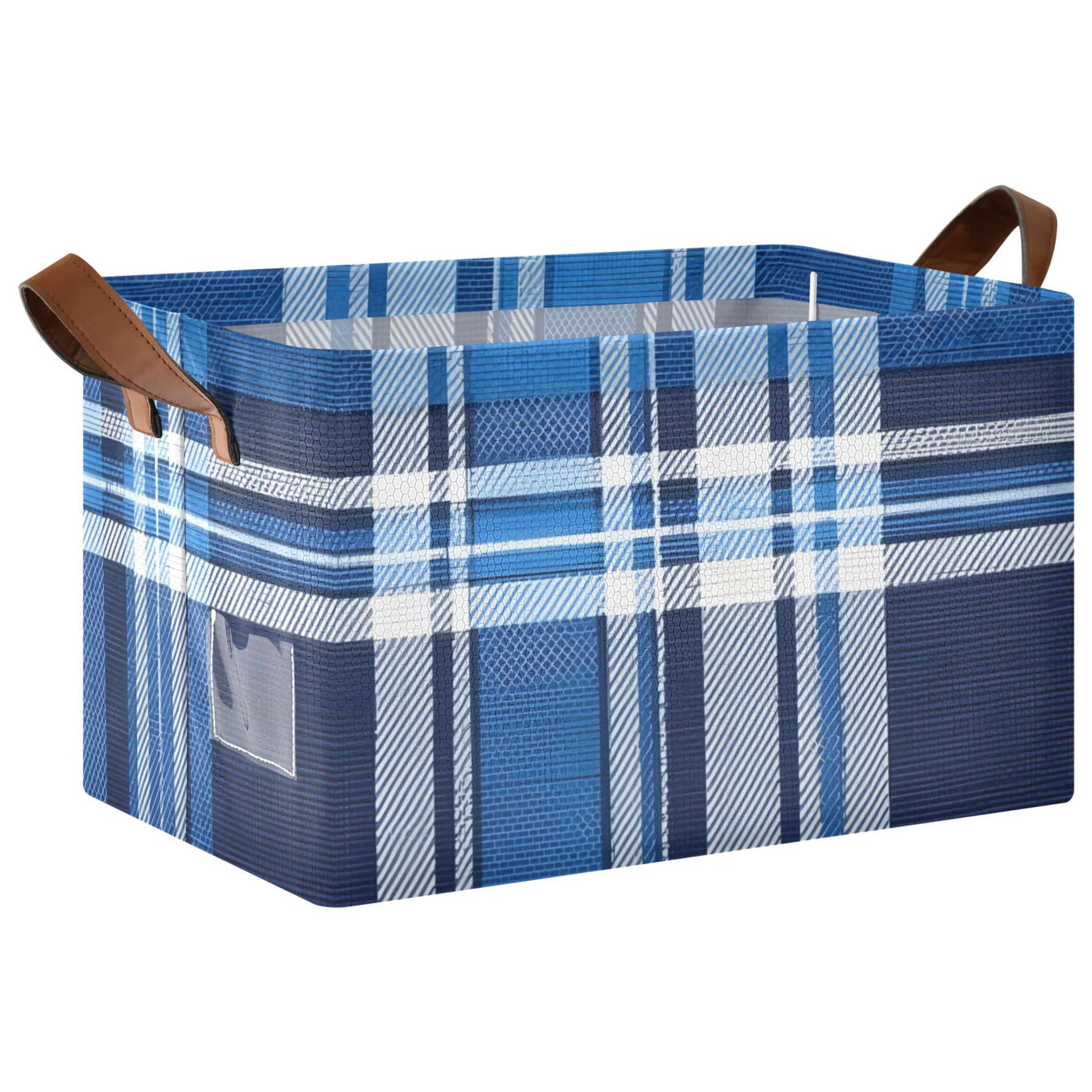 Blue Checkered Pattern Collapsible Storage Bin Open Home Shelf Basket ...