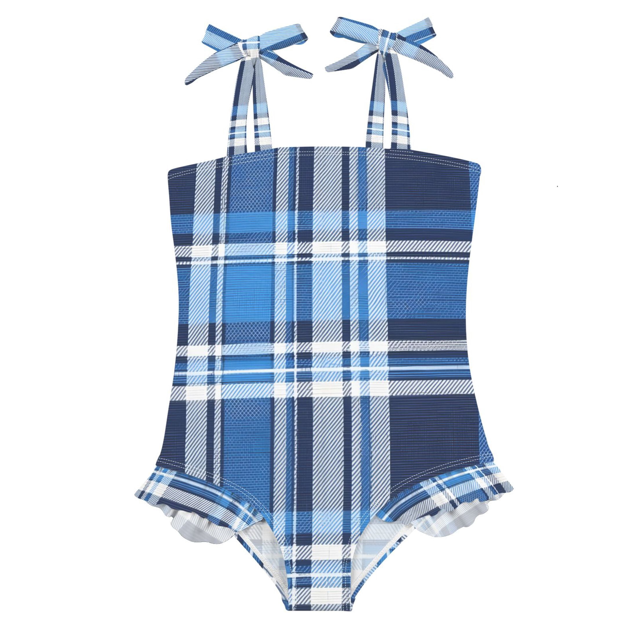 Blue Checkered Pattern Girls' One-Piece Swimsuit Bowknot Tie Shoulder ...