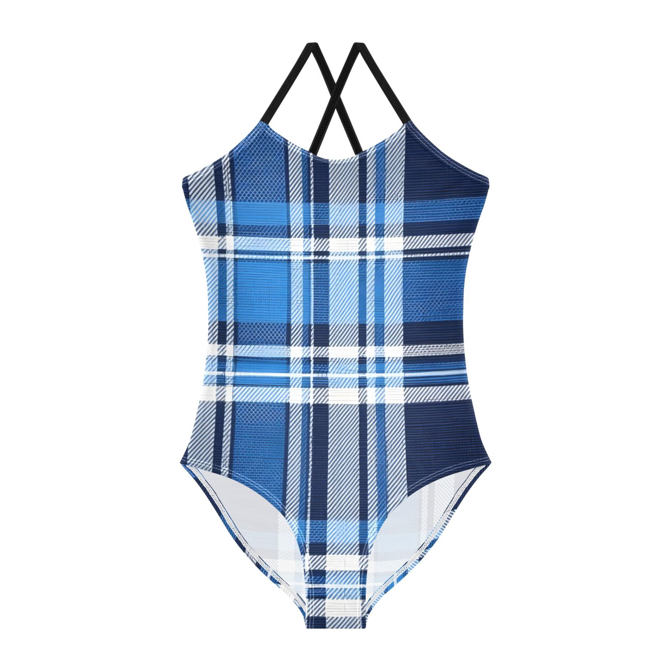 Blue Checkered Pattern Girls' One-Piece Swimwear 3T-10T Soft Stretchy ...
