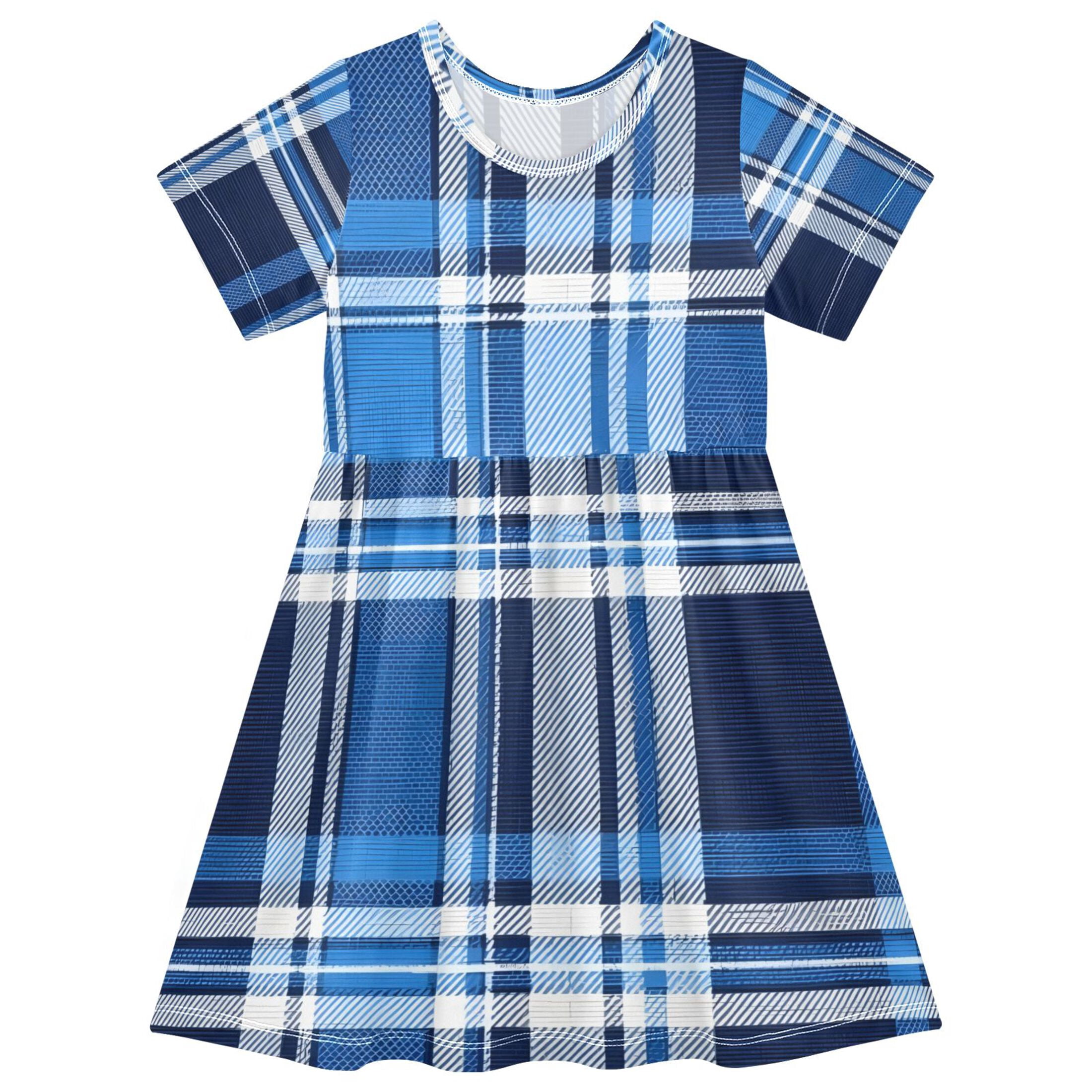 Blue Checkered Pattern Girls Short Sleeve Dress A Line Sun Protection ...
