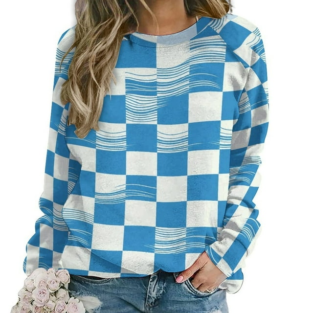 Blue Checkered Pattern Hoodies Female Long Sleeve Casual Hoodie ...