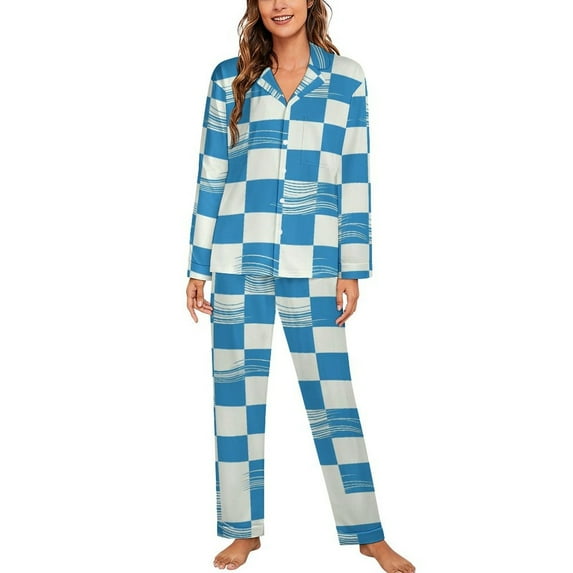 Blue Checkered Pattern Pajamas Night V Neck Nightwear Lady Two Piece ...
