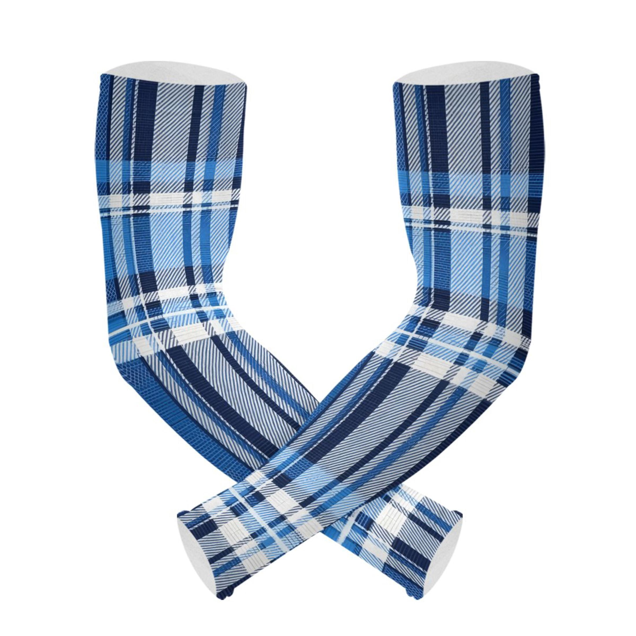 Blue Checkered Pattern UV Protection Cooling Arm Sleeves, Compression ...