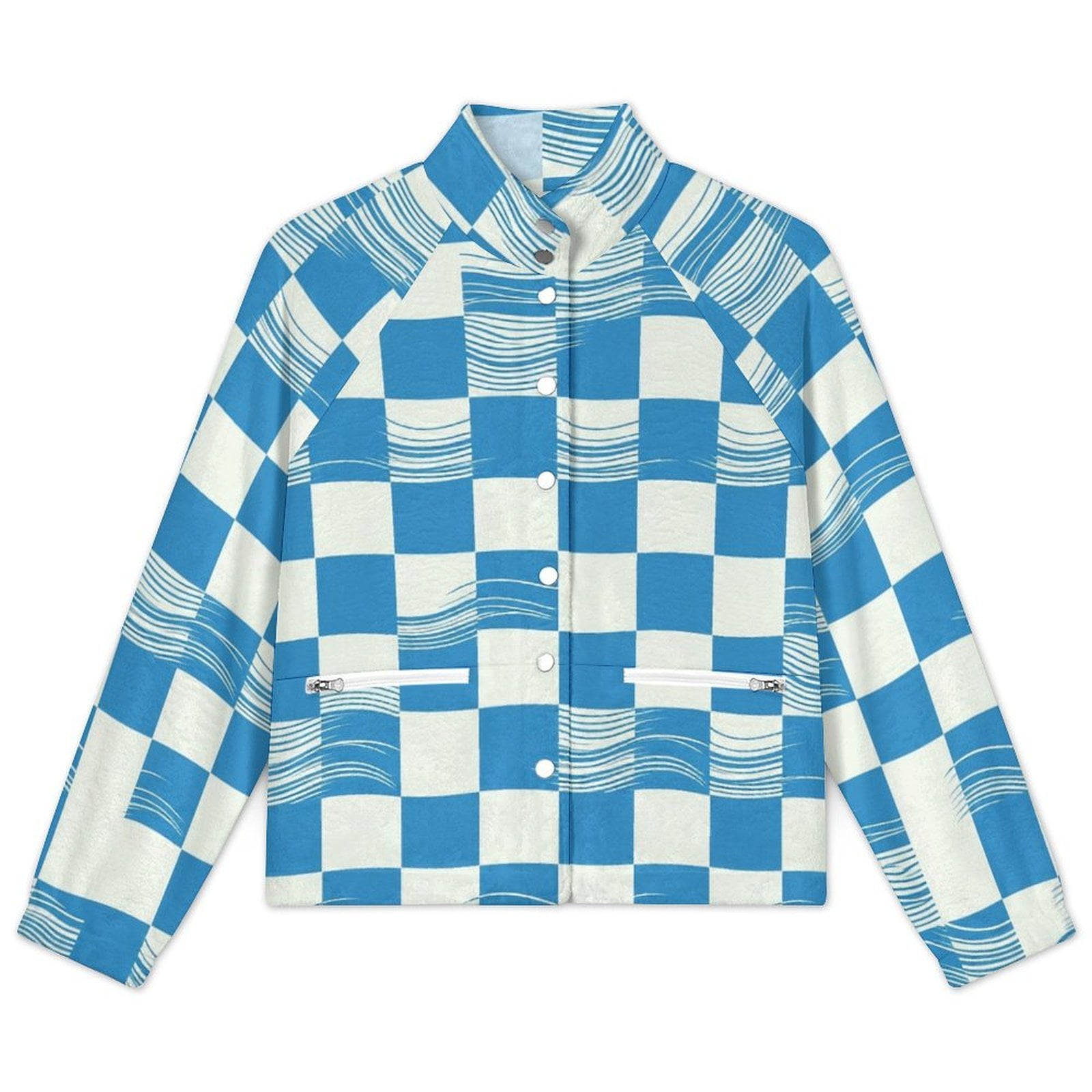 Blue Checkered Pattern Warm Women's Plush Jacket Stand Collar Full ...