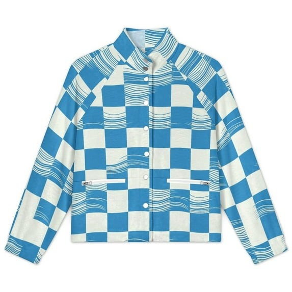 Blue Checkered Pattern Warm Women's Plush Jacket Stand Collar Full ...