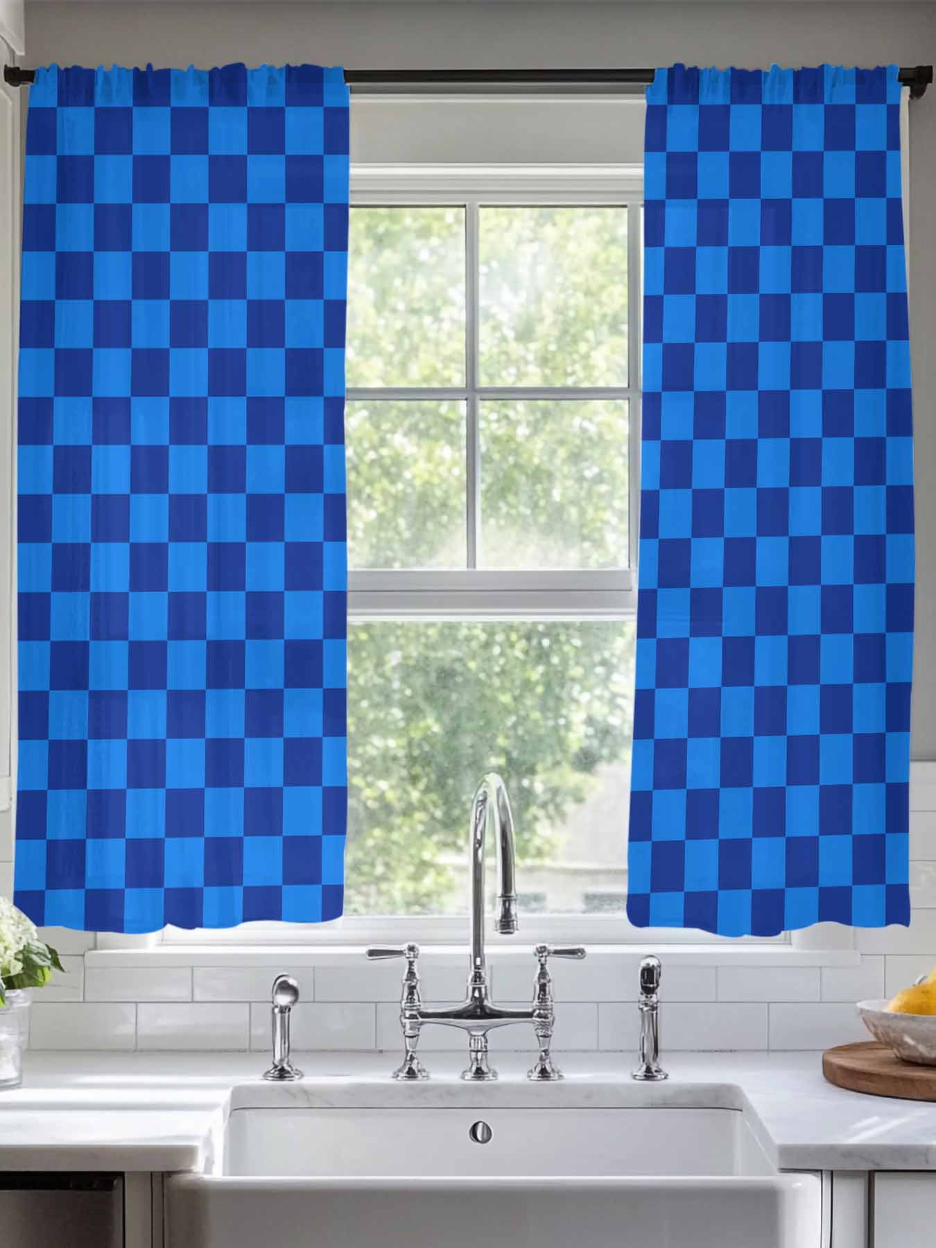 Blue Checkered Plaid Sheer Curtains for Living Room Bedroom Farmhouse ...
