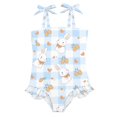 Blue Checkered Rabbit Pattern Girls' One-Piece Swimsuit Bowknot Tie ...