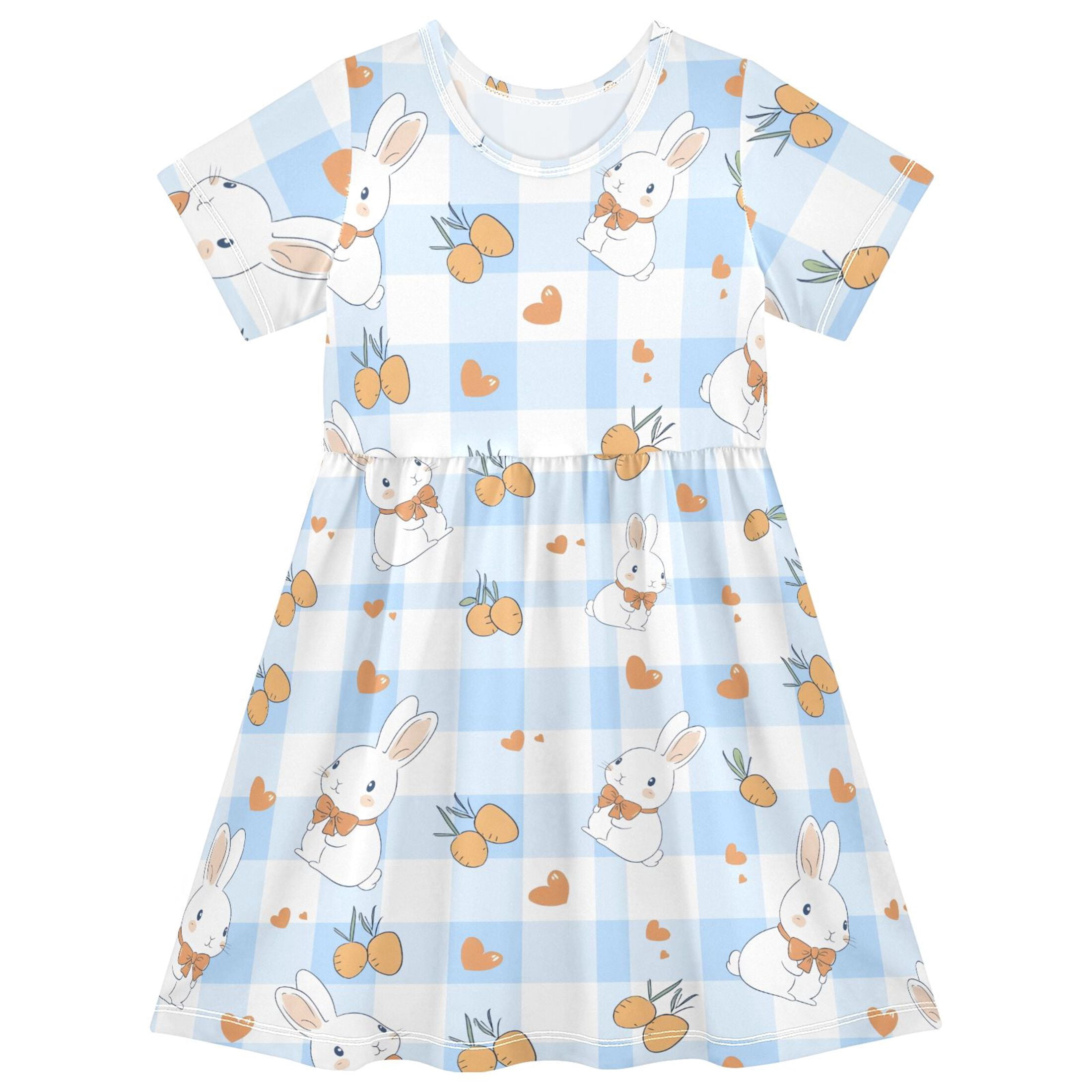 Blue Checkered Rabbit Pattern Girls Short Sleeve Dress A Line Sun ...