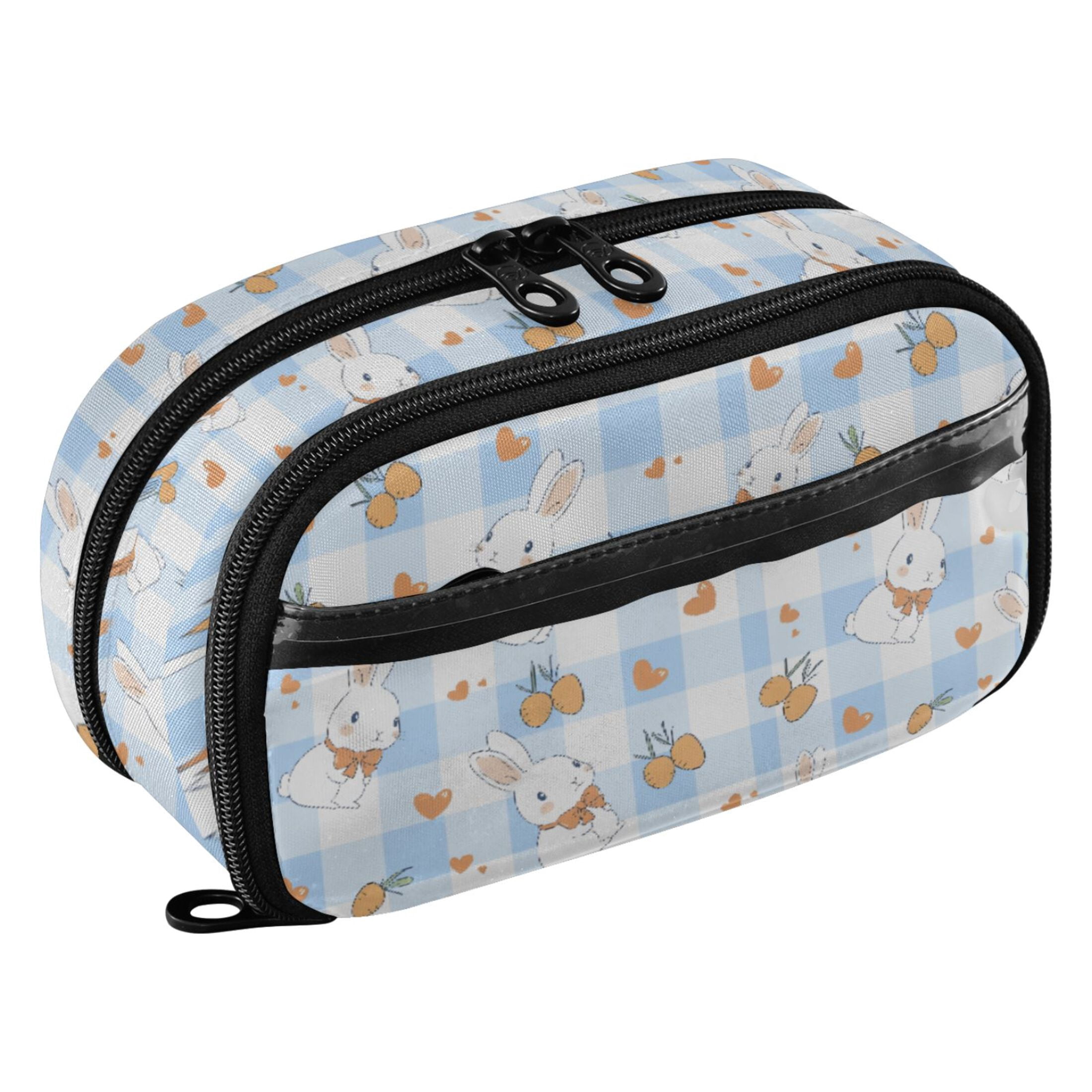 Blue Checkered Rabbit Pattern PVC Pencil Case Water-Repellent Clear ...