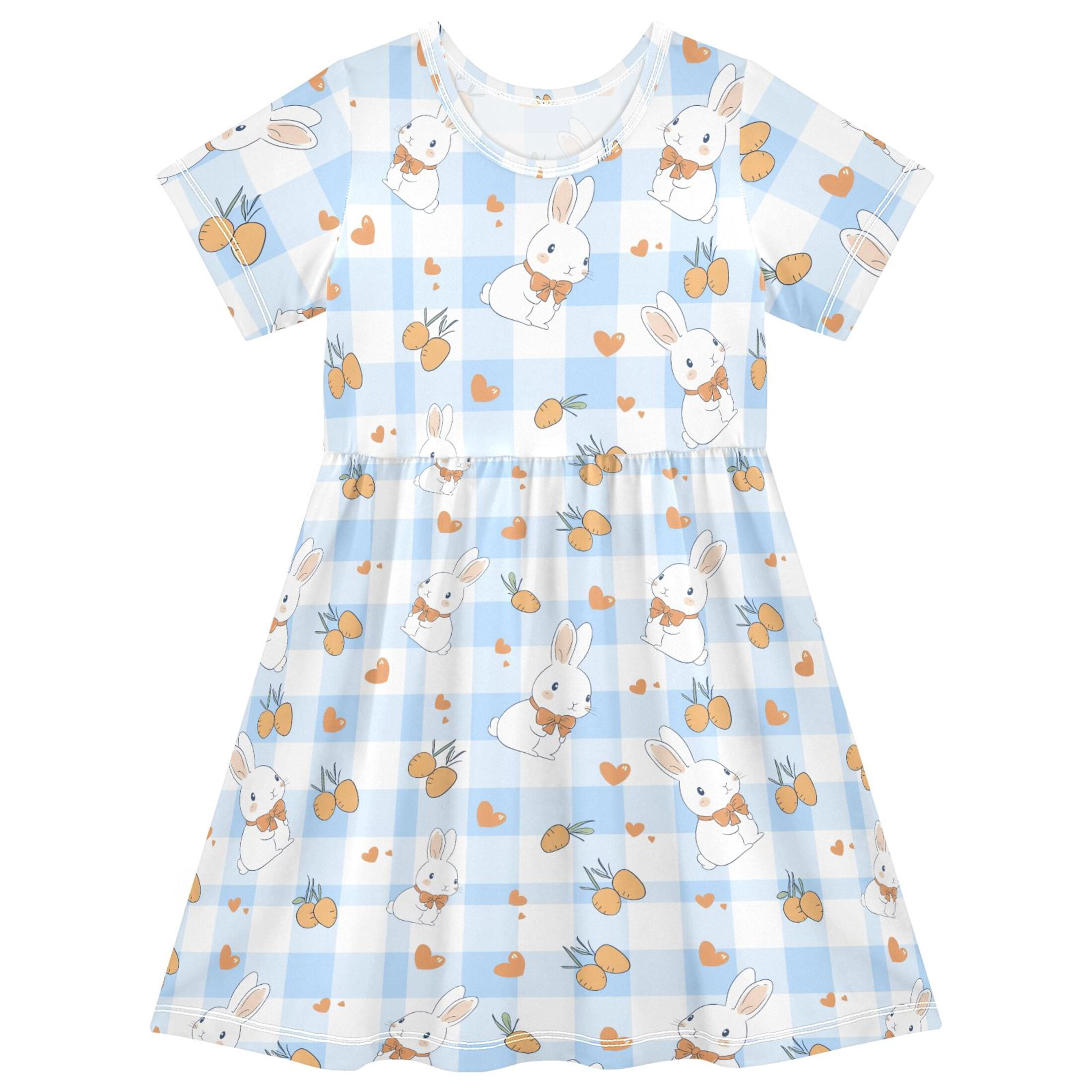 Blue Checkered Rabbit Short Sleeve Dress A-Line Cute Midi Casual ...