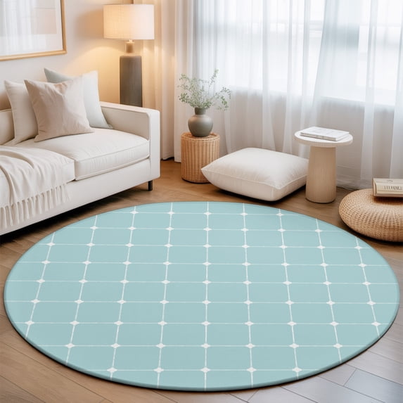 Blue Checkered Round Living Room Rugs 5 ft, Modern Minimalist Geometric ...
