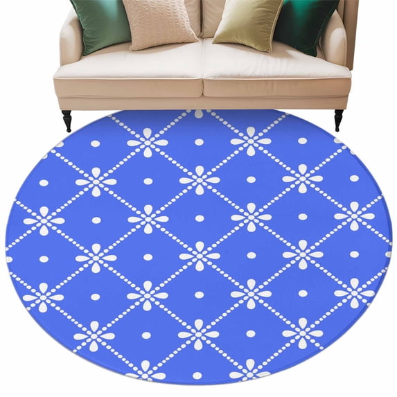 Blue Checkered Round Rug 8ft Washable Circle Rugs Non Slip Farmhouse ...