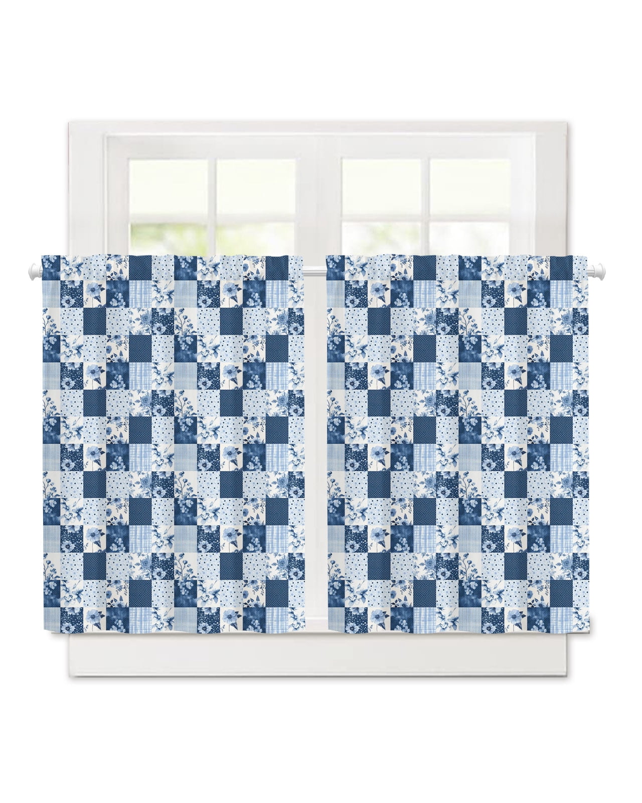 Blue Checkered Rustic Floral Short Blackout Curtains 36 Inch Long,Wave ...
