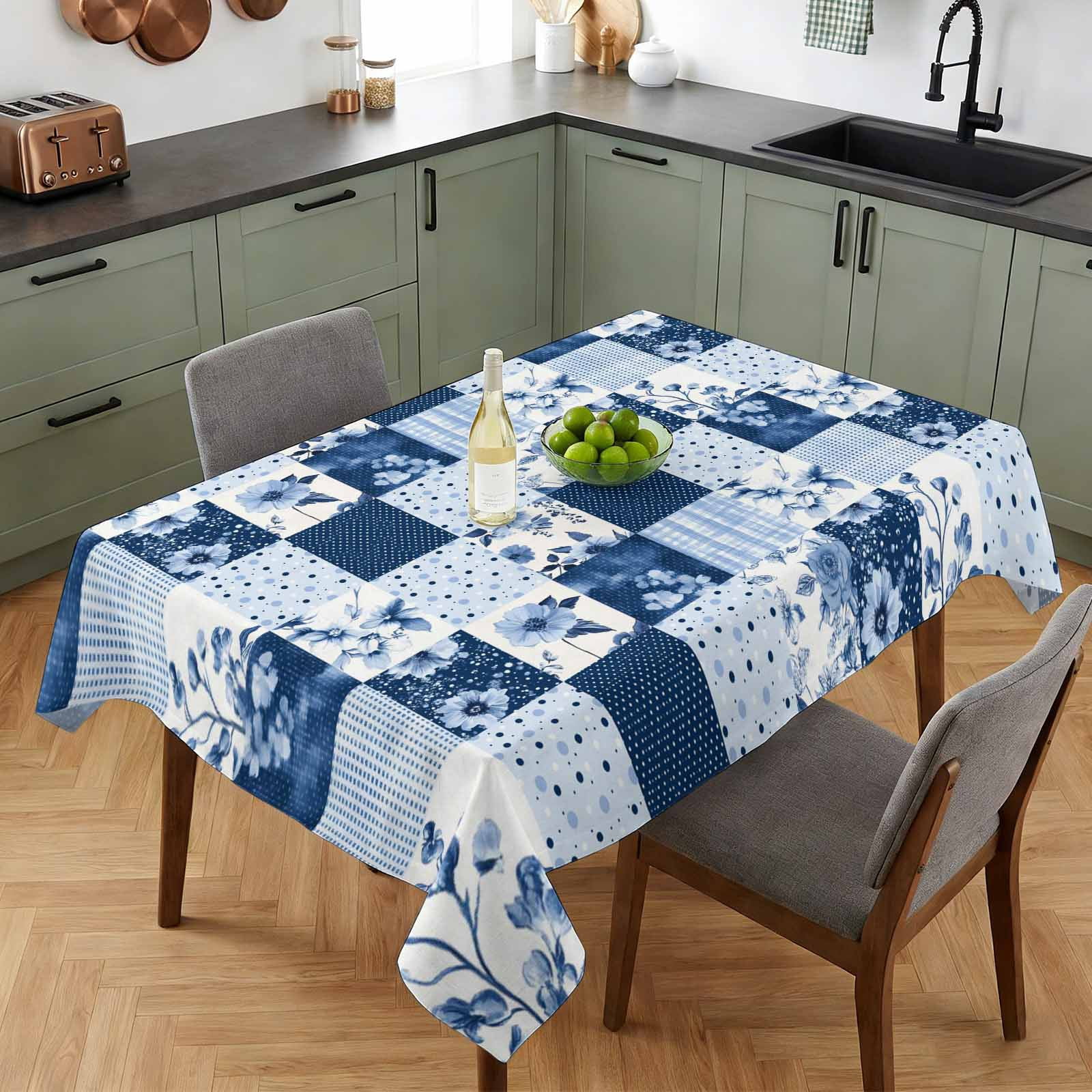 Blue Checkered Rustic Floral Table Cloth 52x70in, Waterproof Rectangle ...