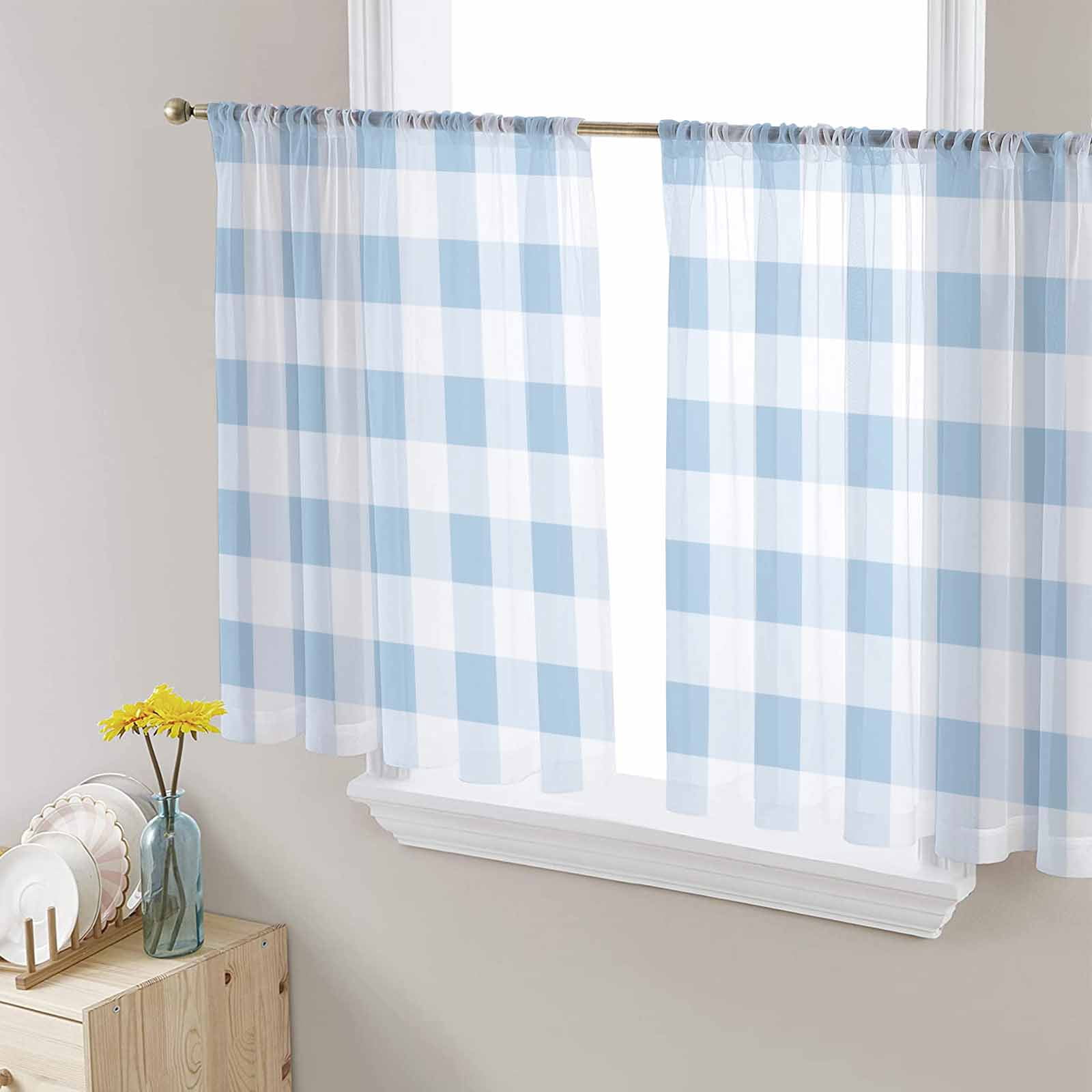 Blue Checkered Sheer Curtains 45 Inch Length 2 Panels Set for Living ...