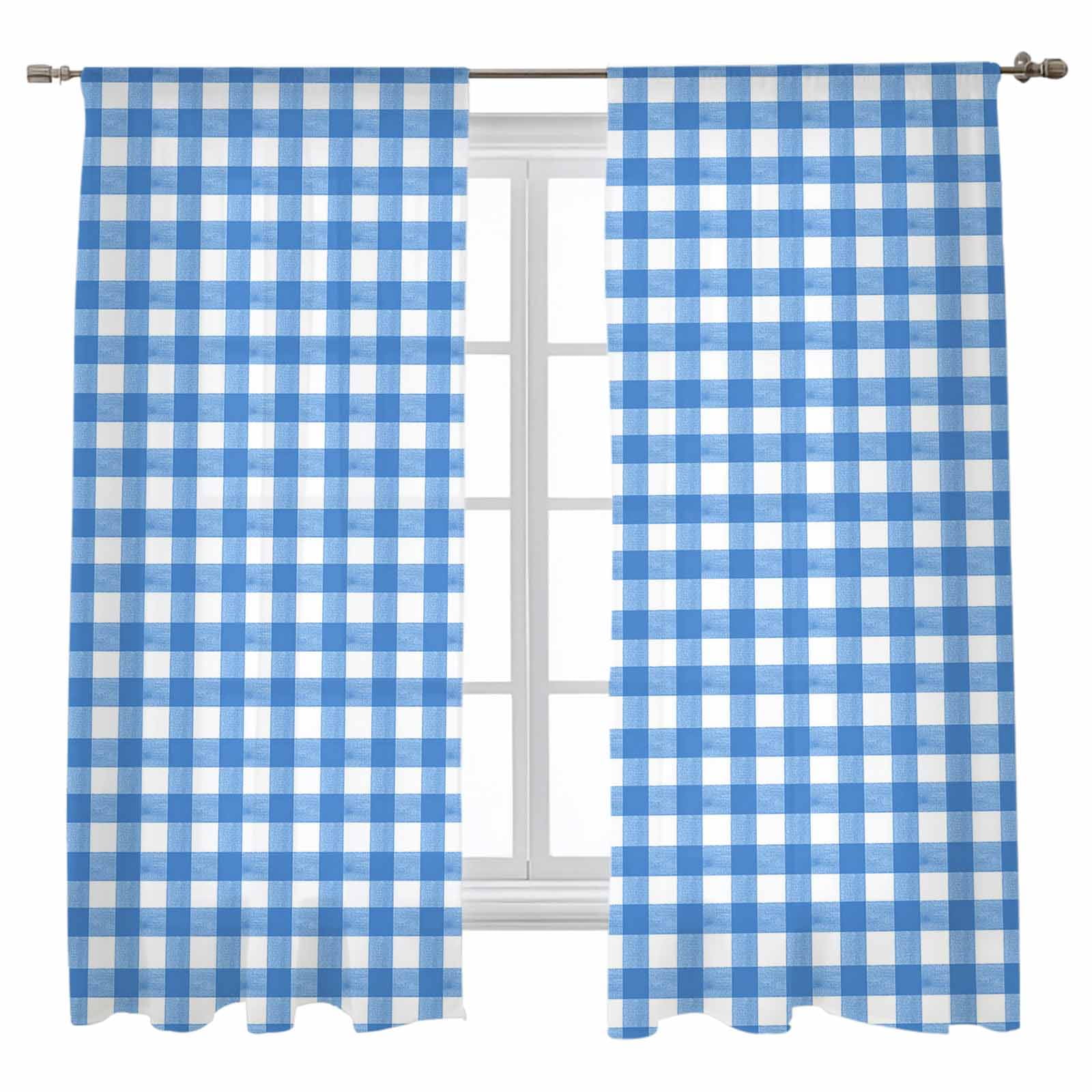 Blue Checkered Sheer Curtains 63 inches Long, Farmhouse Classic ...