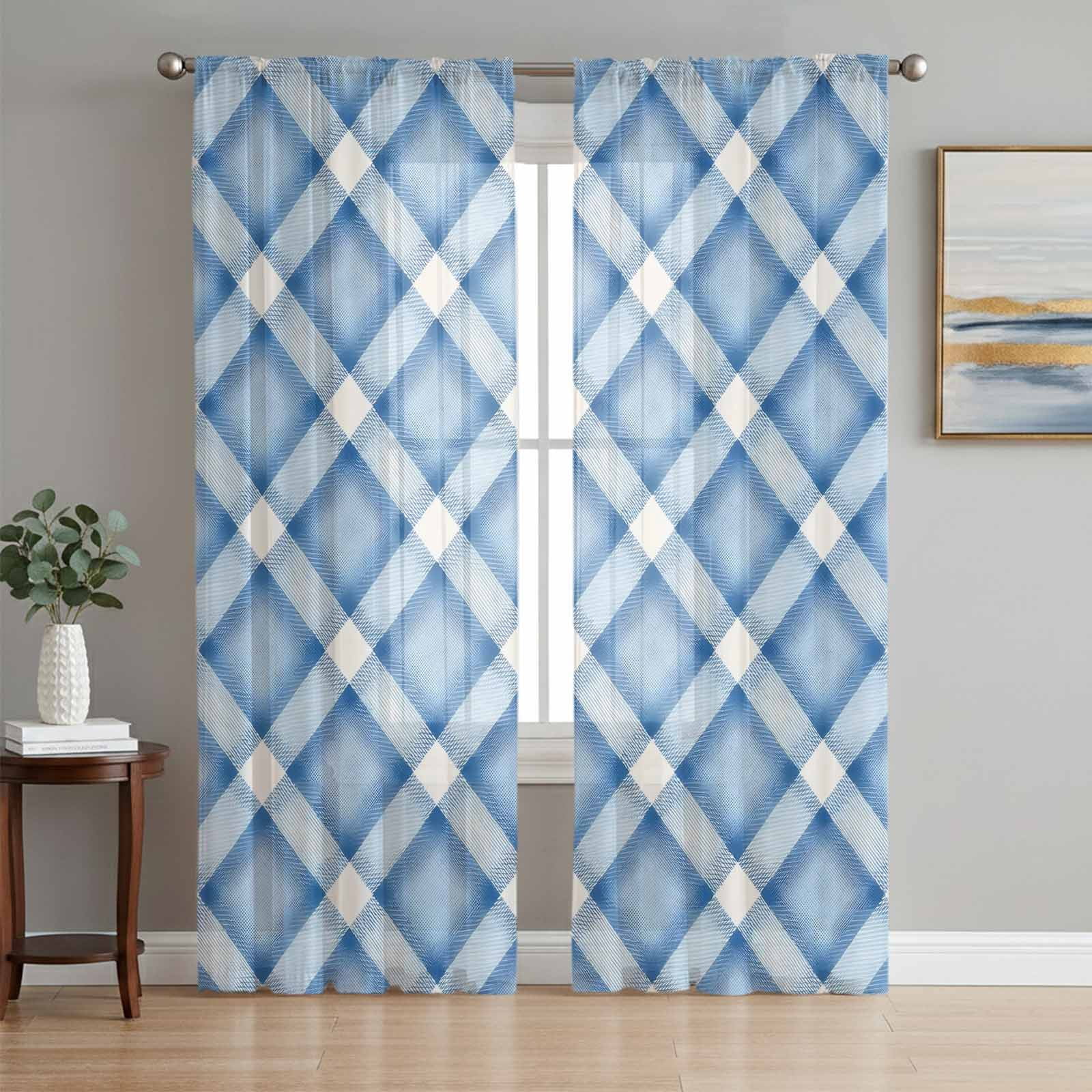 Blue Checkered Sheer Curtains for Living Room Bedroom, Modern ...