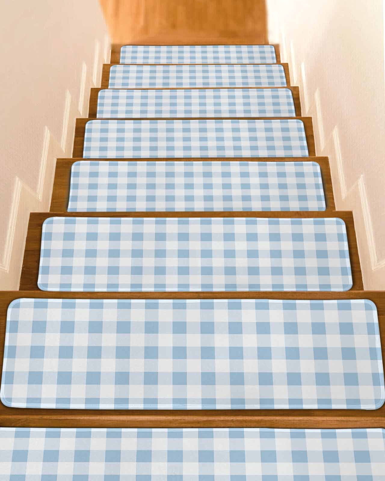 Blue Checkered Stair Treads Non Slip Runners Rugs, 15 Pcs Carpet for ...