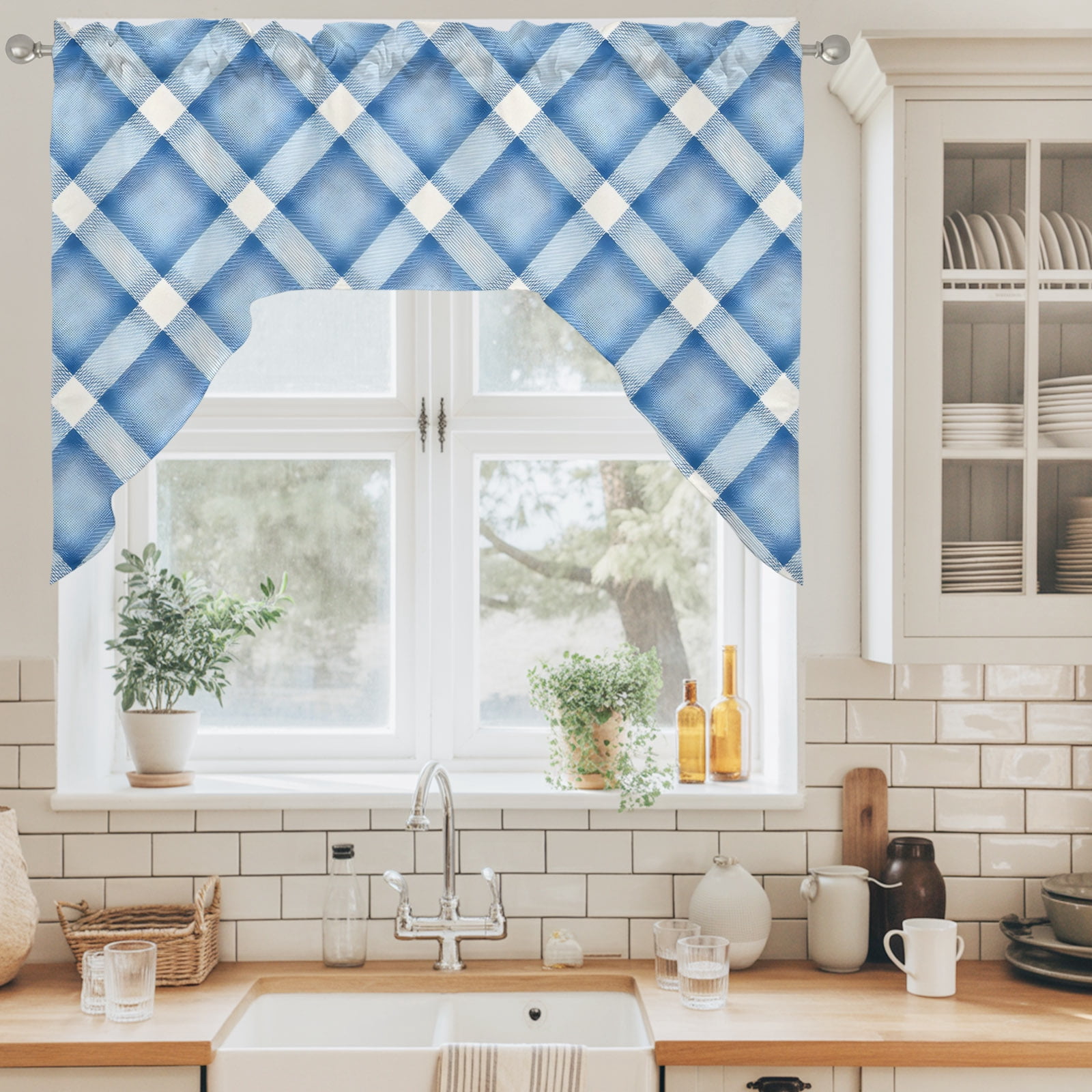 Blue Checkered Swag Curtain Valance for Windows, Modern Minimalist ...