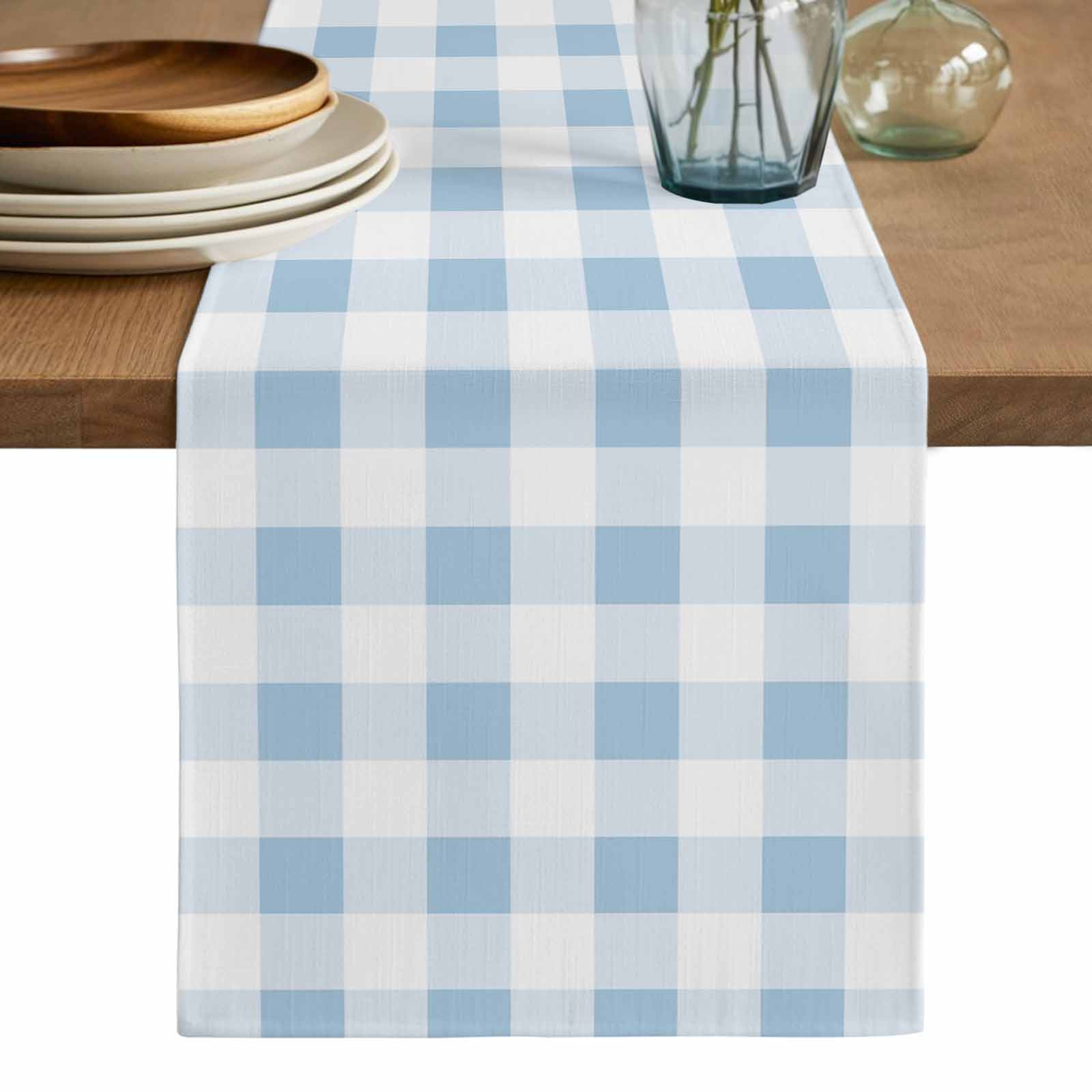 Blue Checkered Table Runner, Blue White Buffalo Plaid Washable Cotton ...