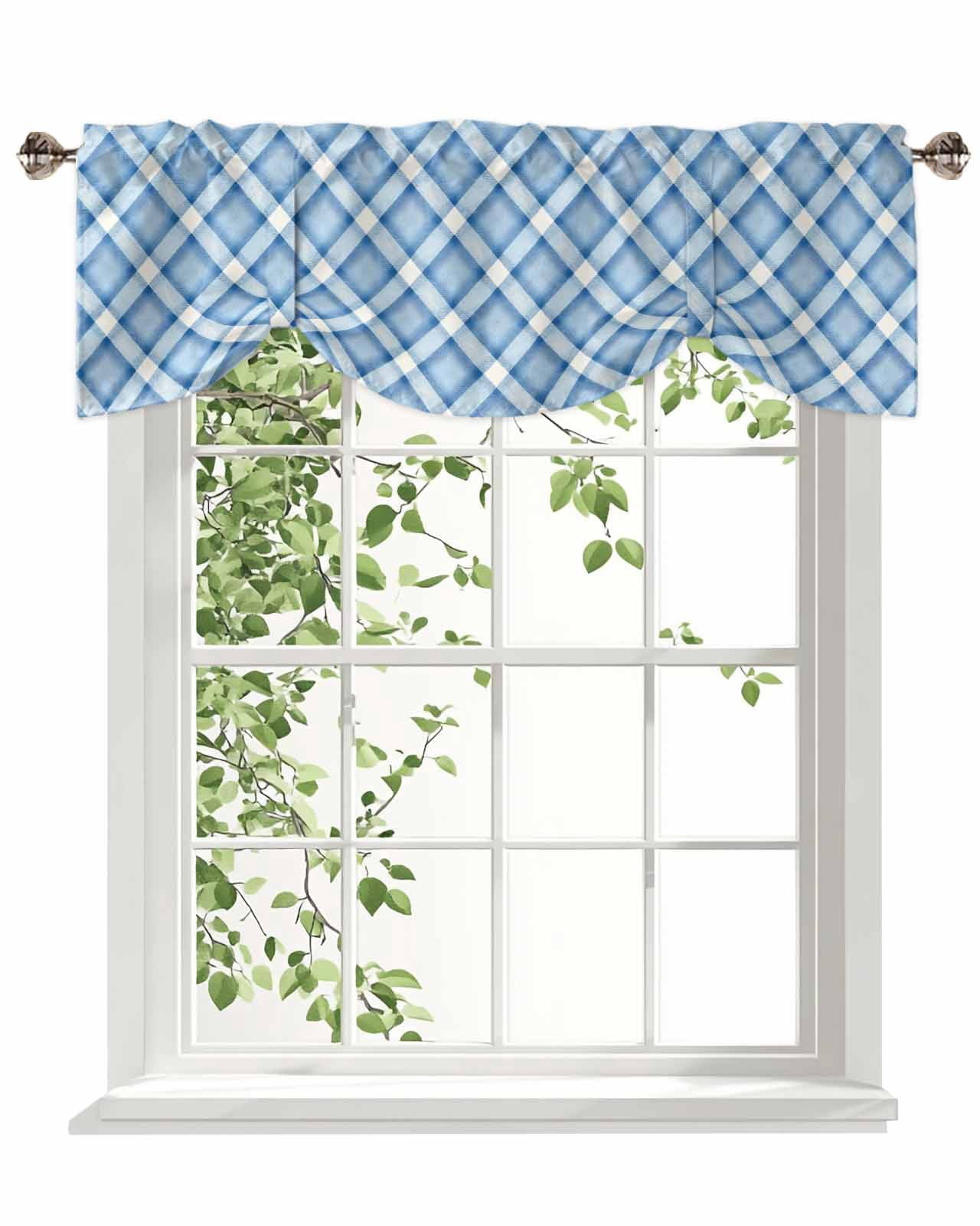 Blue Checkered Tie Up Valances Curtain, Modern Minimalist Watercolor ...