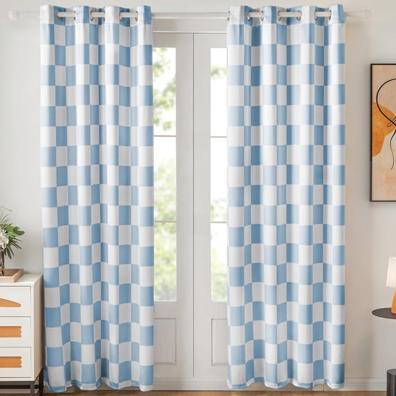 Blue Checkered Window Curtains, 100% Blackout Curtains 84 Inch Length 2 ...