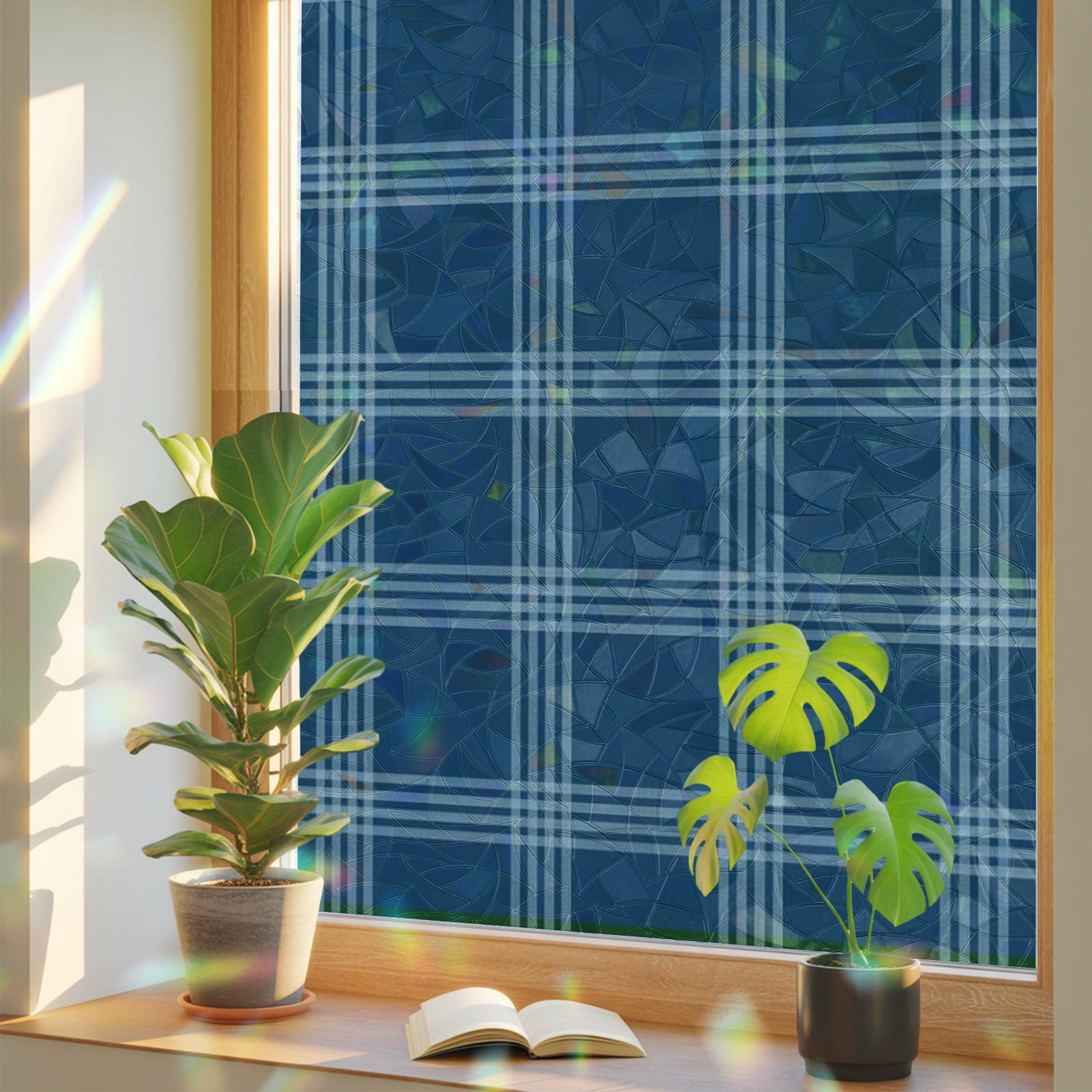 Blue Checkered Window Privacy Film Rainbow Static Cling Stain Glass ...