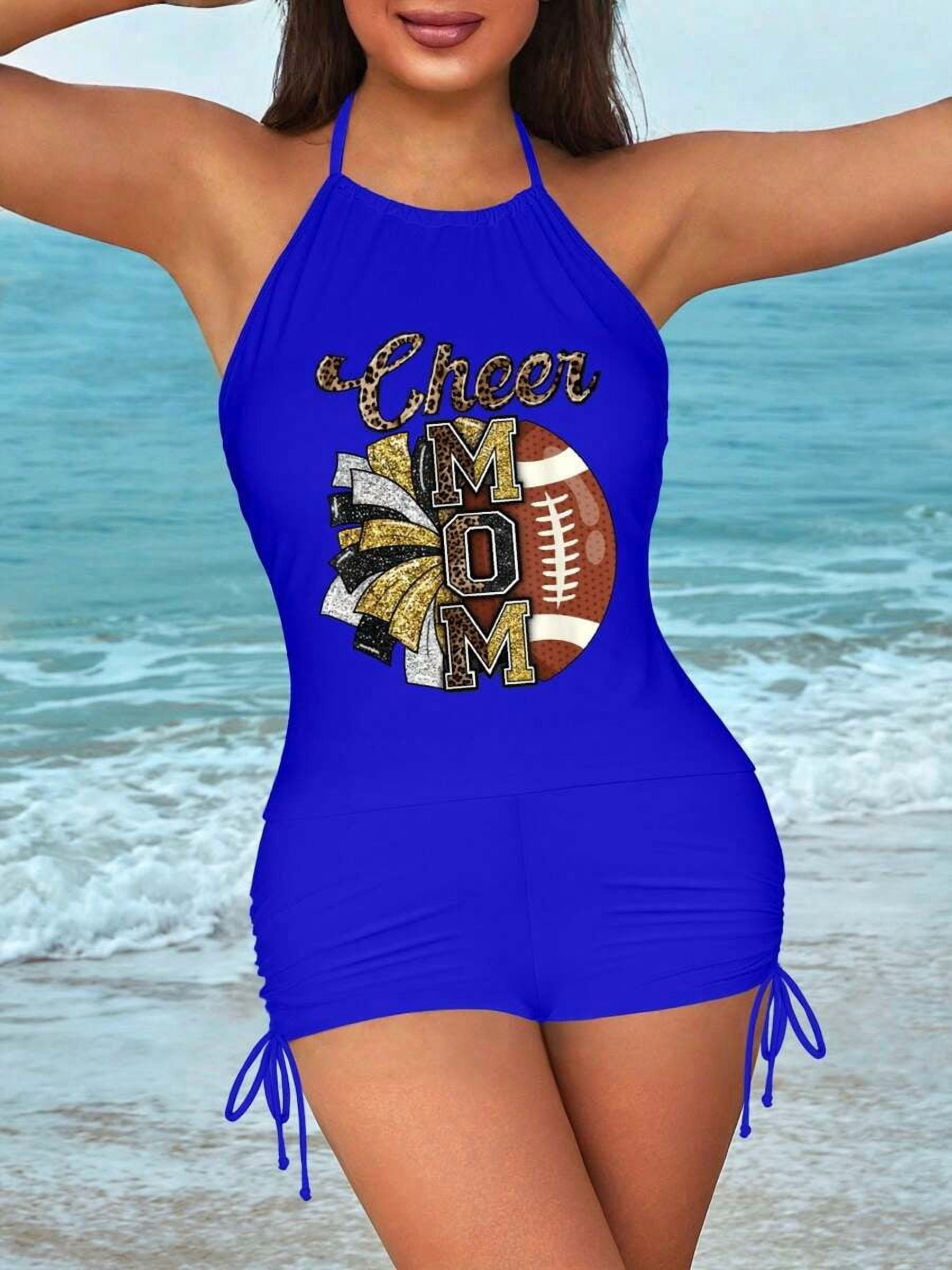 Blue Cheer Mom Football Graphic Tankini Set With Drawstring Shorts ...