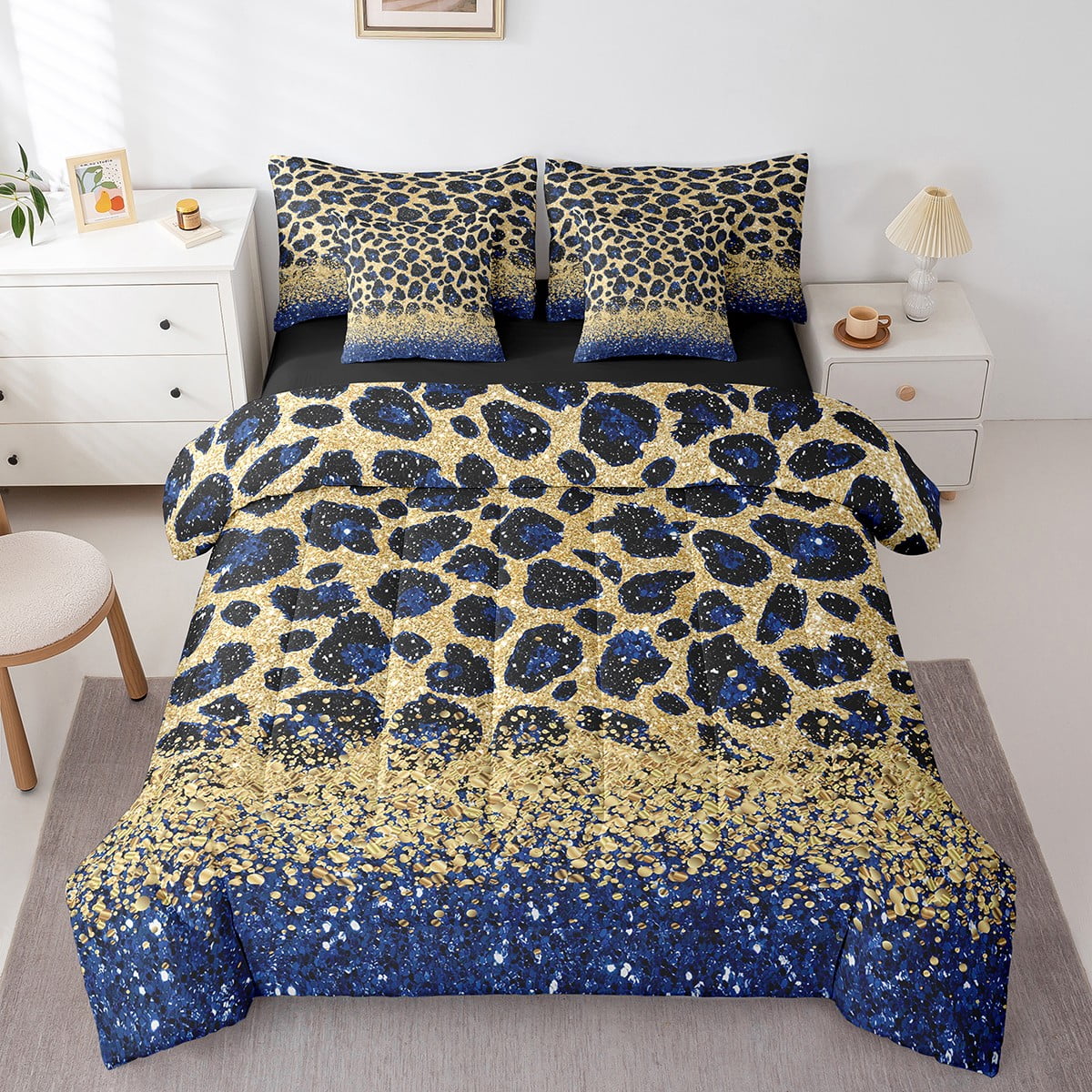 Blue Cheetah Print Bed in a Bag Queen Comforter Set 7 Piece,Gold Sequin ...