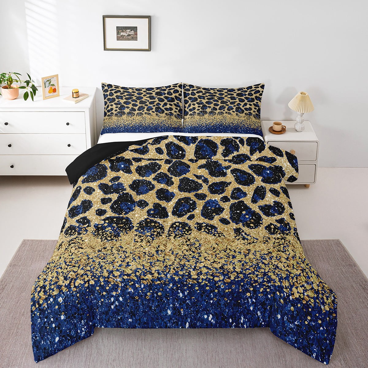 Blue Cheetah Print Comforter Set Gold Sequin Print Bedding Sets Full ...