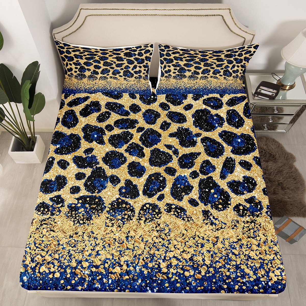 Blue Cheetah Print Fitted Sheet Gold Sequin Print Bed Sheets,Wild ...