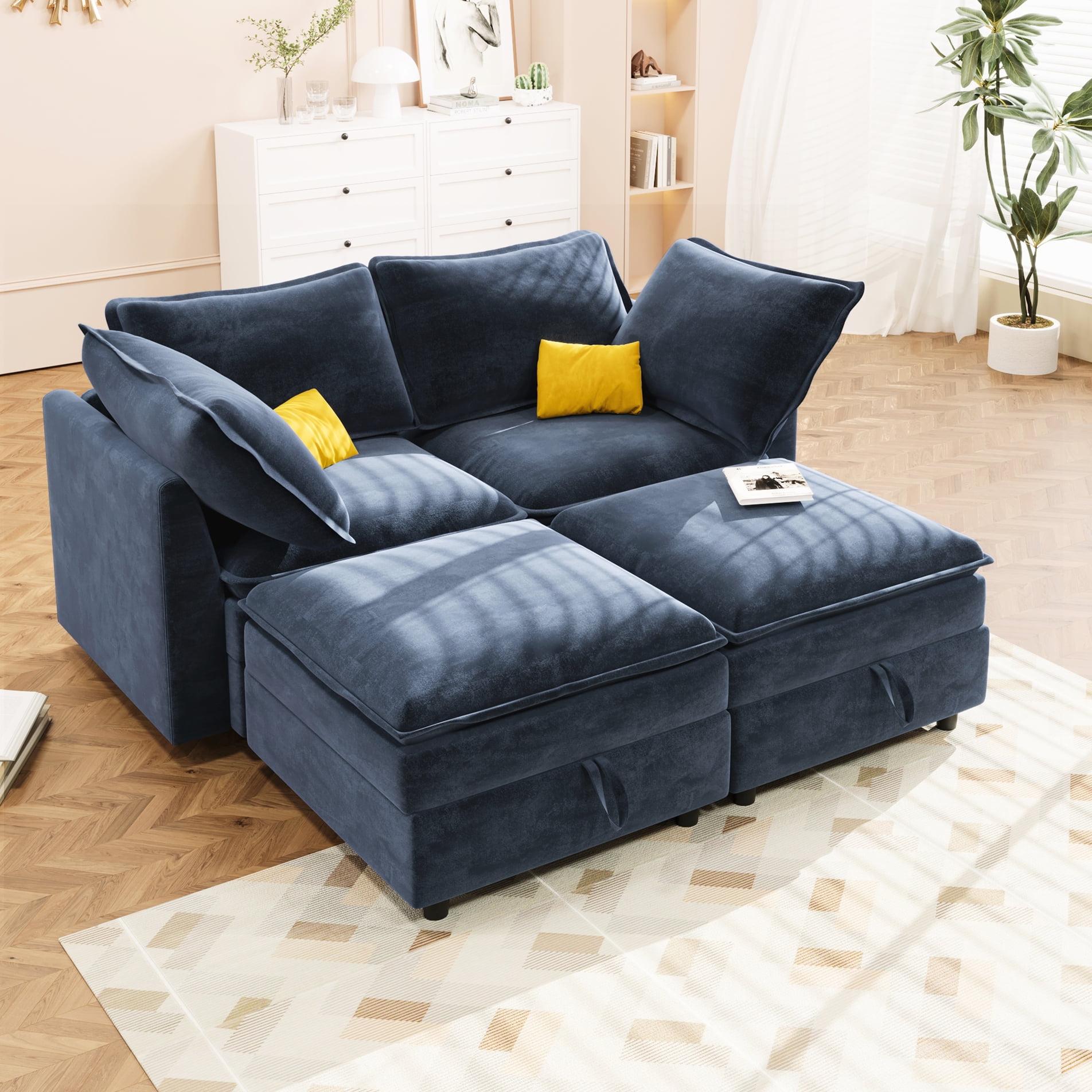 Blue Chenille 4 With Storage - Frame, Cozy Seating For 4, 63''dx35''h ...