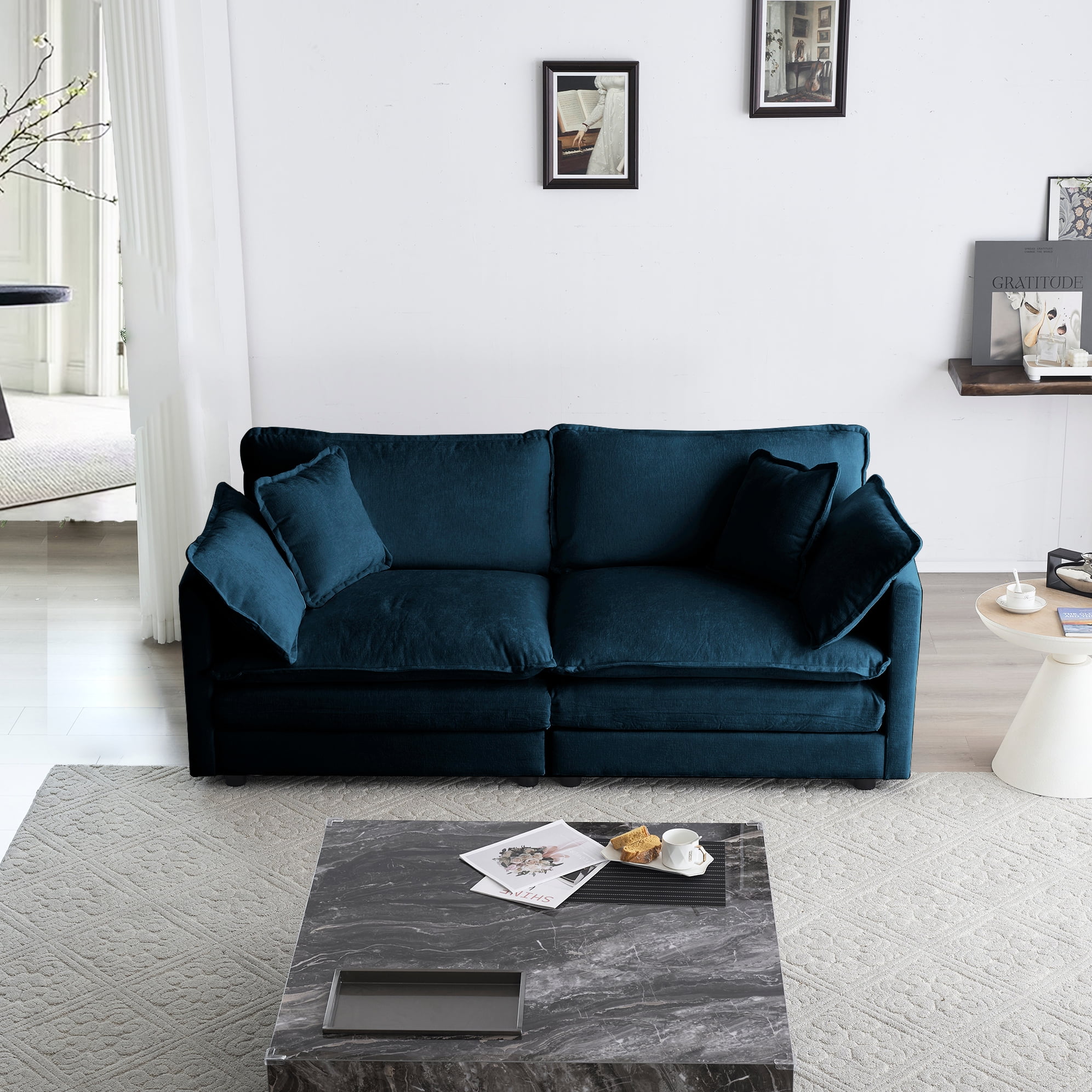 Blue Chenille Couch For Living Room, Sponge Filled, Wooden Frame ...