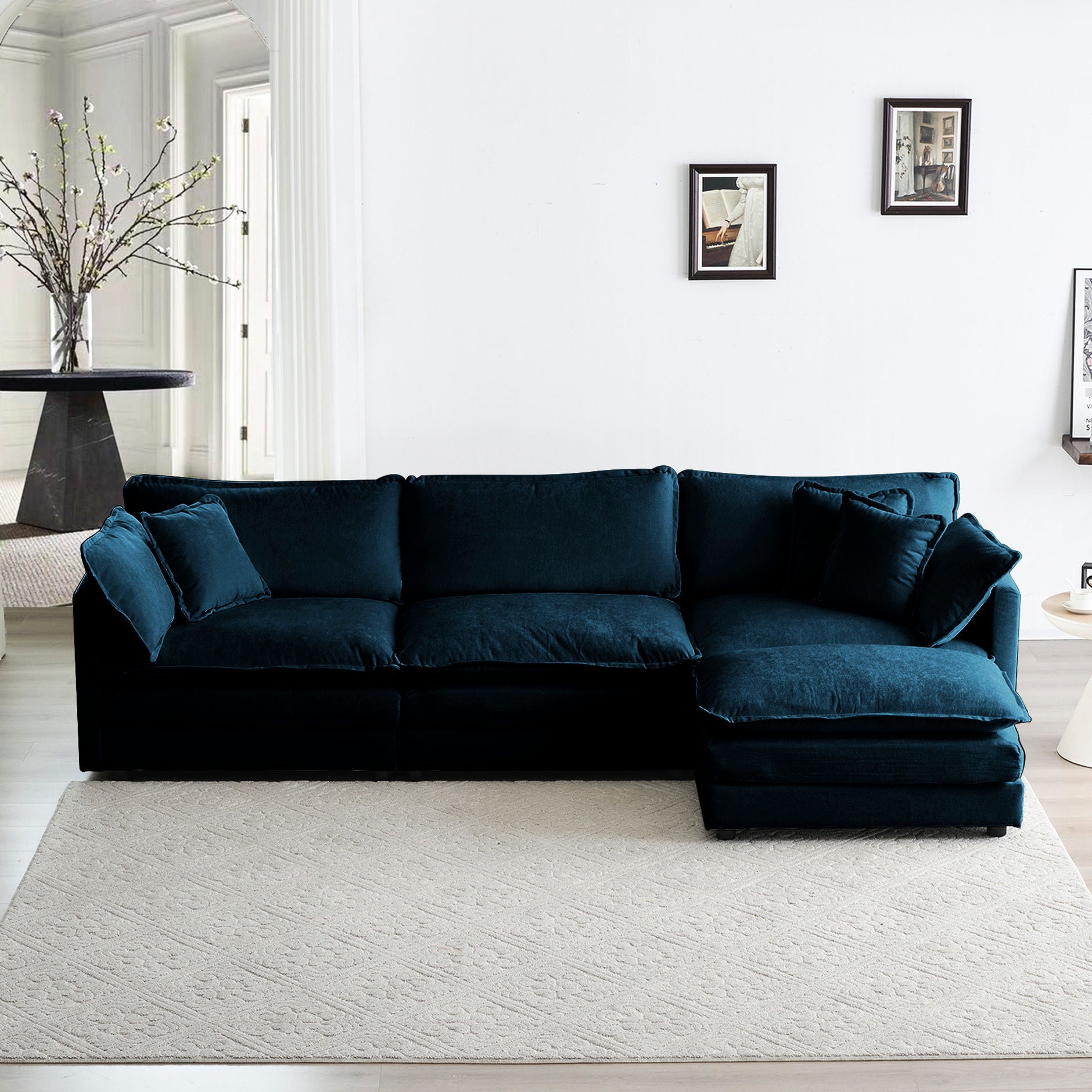 Blue Chenille L - Shaped Sectional Sofa with Ottoman / Supportive and ...