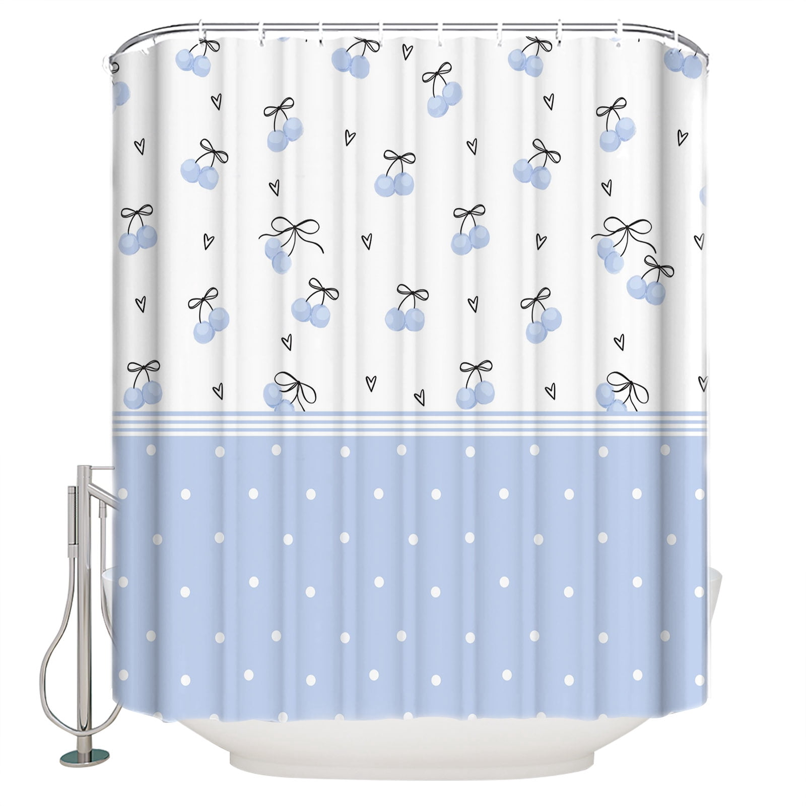 Blue Cherry Bathroom Shower Curtains with 12 Hooks Polyester Waterproof ...
