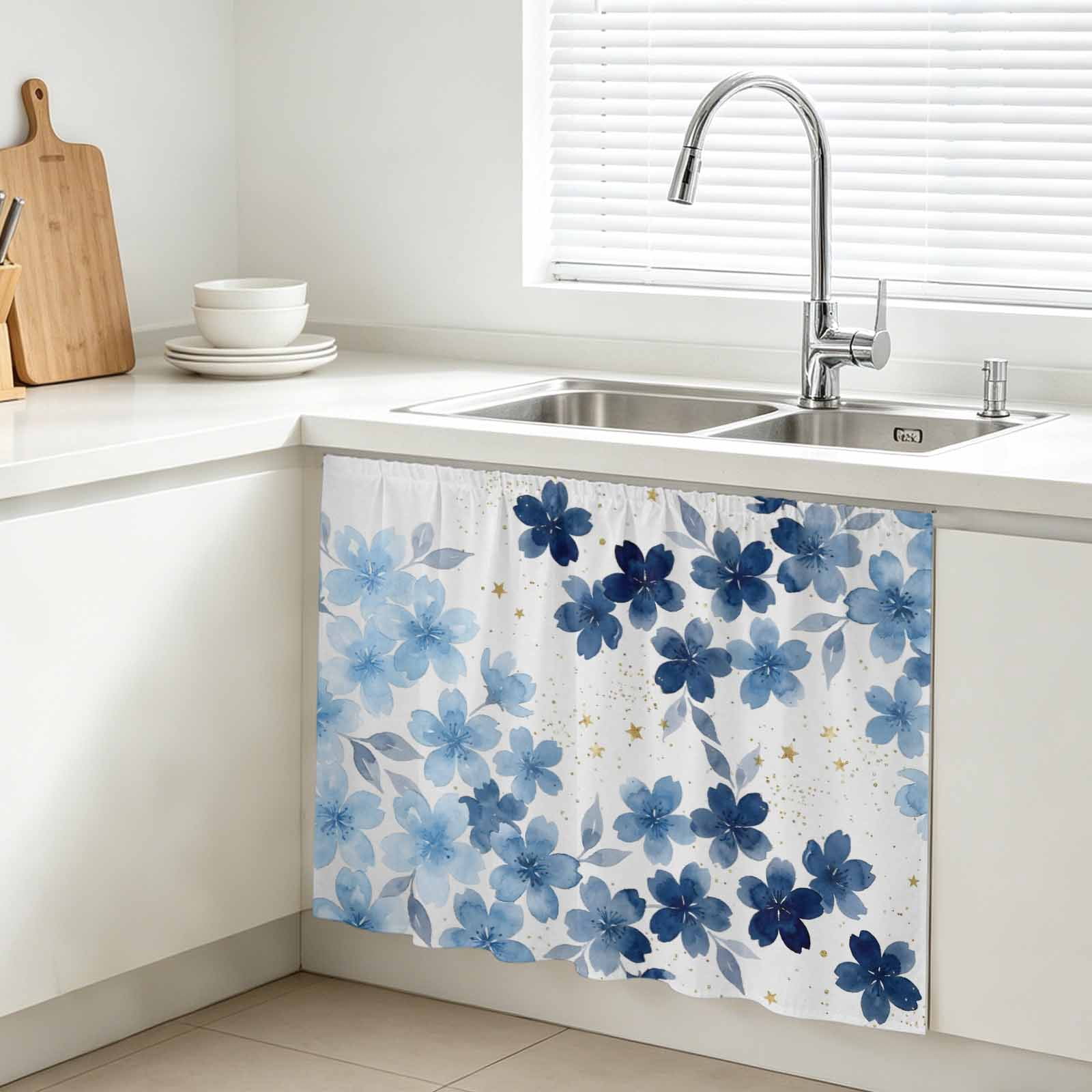 Blue Cherry Blossom Cabinet Curtains for Kitchen 11"W x 13"L ...