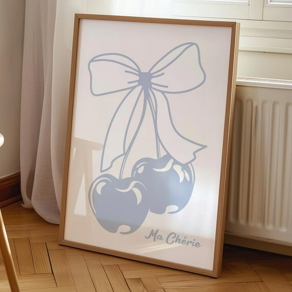 Blue Cherry Bow Print, Coquette Room Decor UNFRAMED PAPER POSTER, Home ...