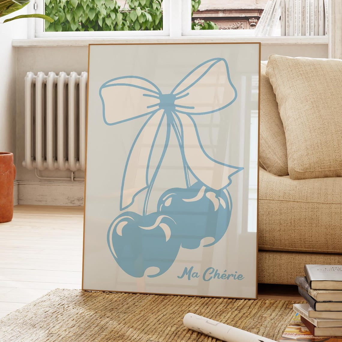 Blue Cherry Bow Print Ma Cherie Cherry Poster Preppy Wall Art Coastal ...