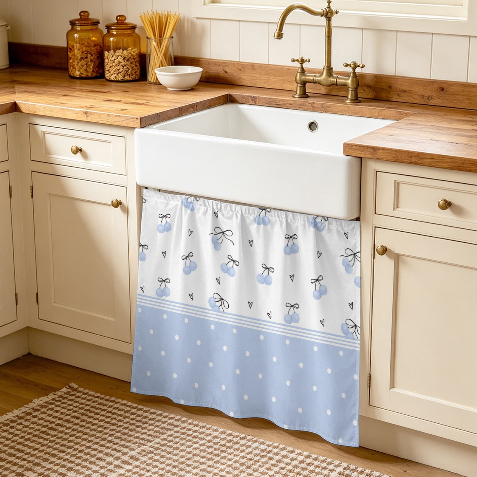 Blue Cherry Cabinet Curtains 35"W x 35"L, Elegant Pastoral Farmhouse ...
