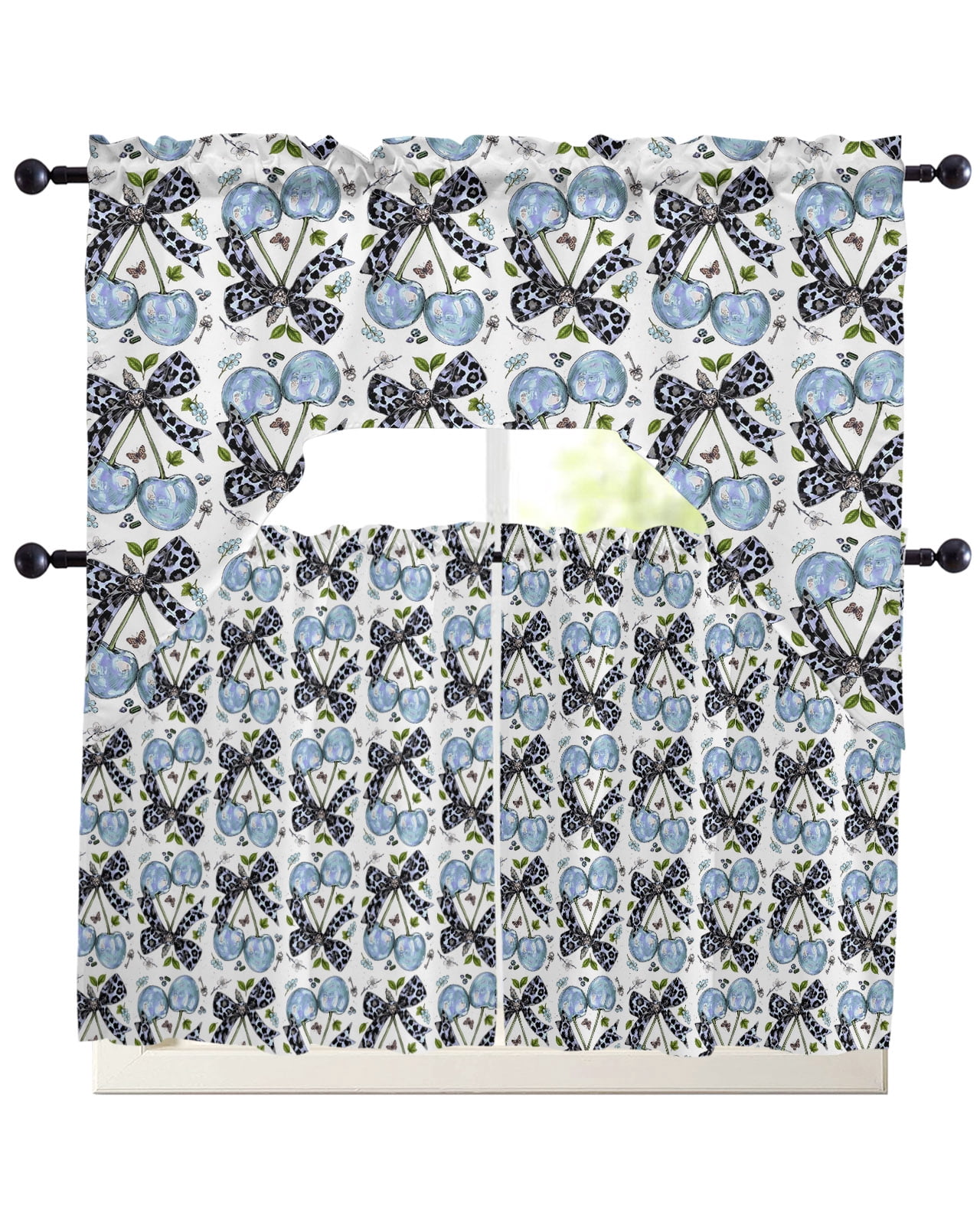 Blue Cherry Kitchen Curtains Set for Windows 3 Piece Cafe Curtains 24 ...