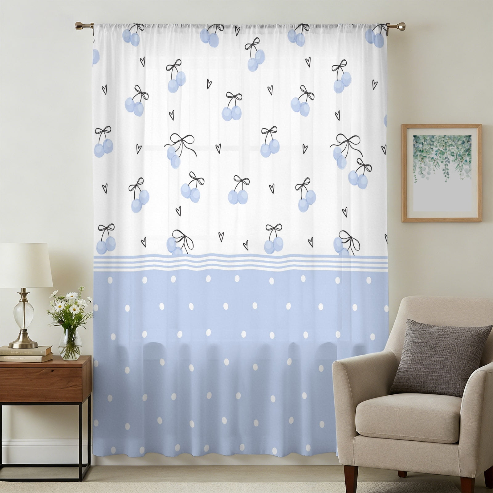 Blue Cherry Sheer Curtains 54 Inches Long for Bedroom, Elegant Pastoral ...