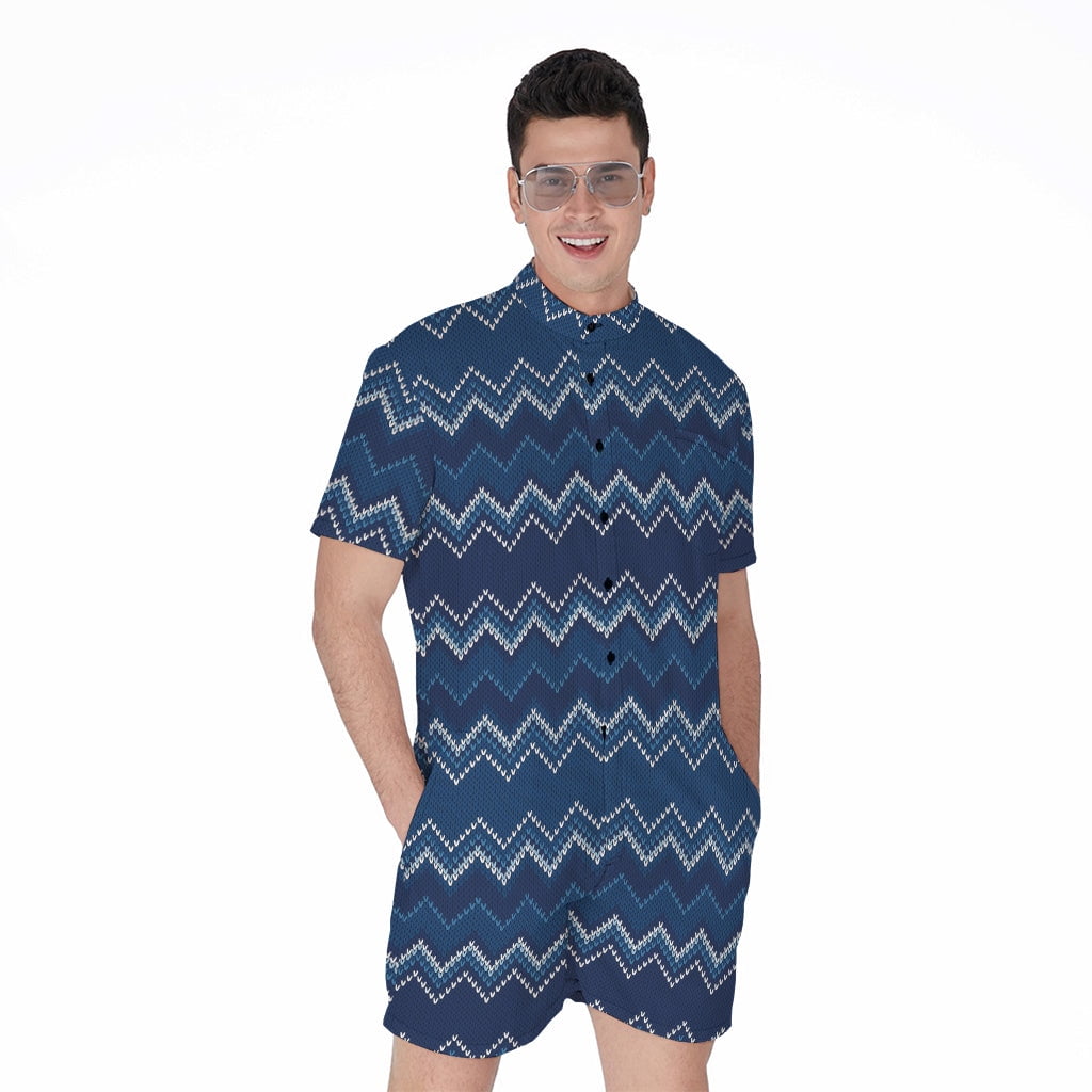 Blue Chevron Knitted Pattern Short Sleeve Men'S Rompers, Chevron Wave ...