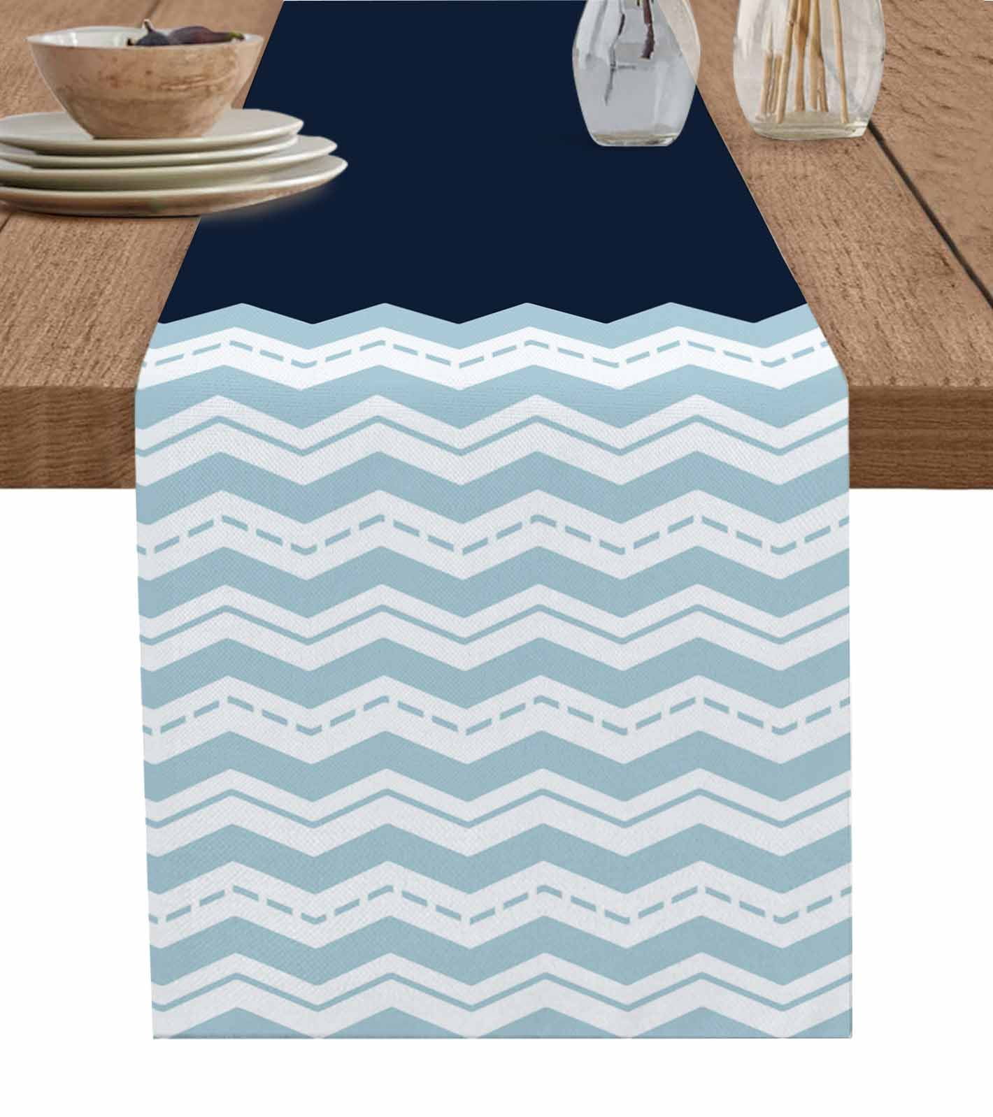 Blue Chevron Table Runner 72 Inches, Geometric Black Print Wavy Striped ...