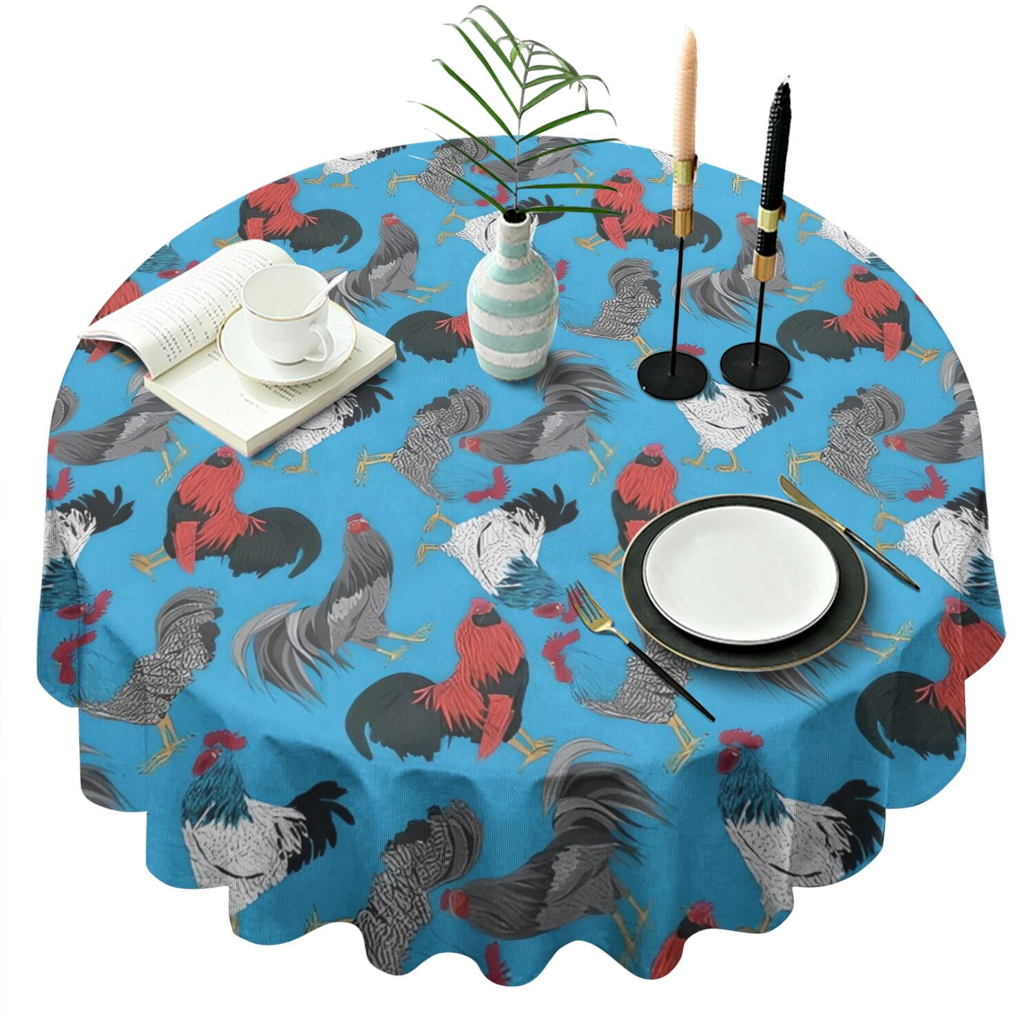 Blue Chicken Pattern Round Tablecloth 60"x60",Wrinkle Wipeable Table ...
