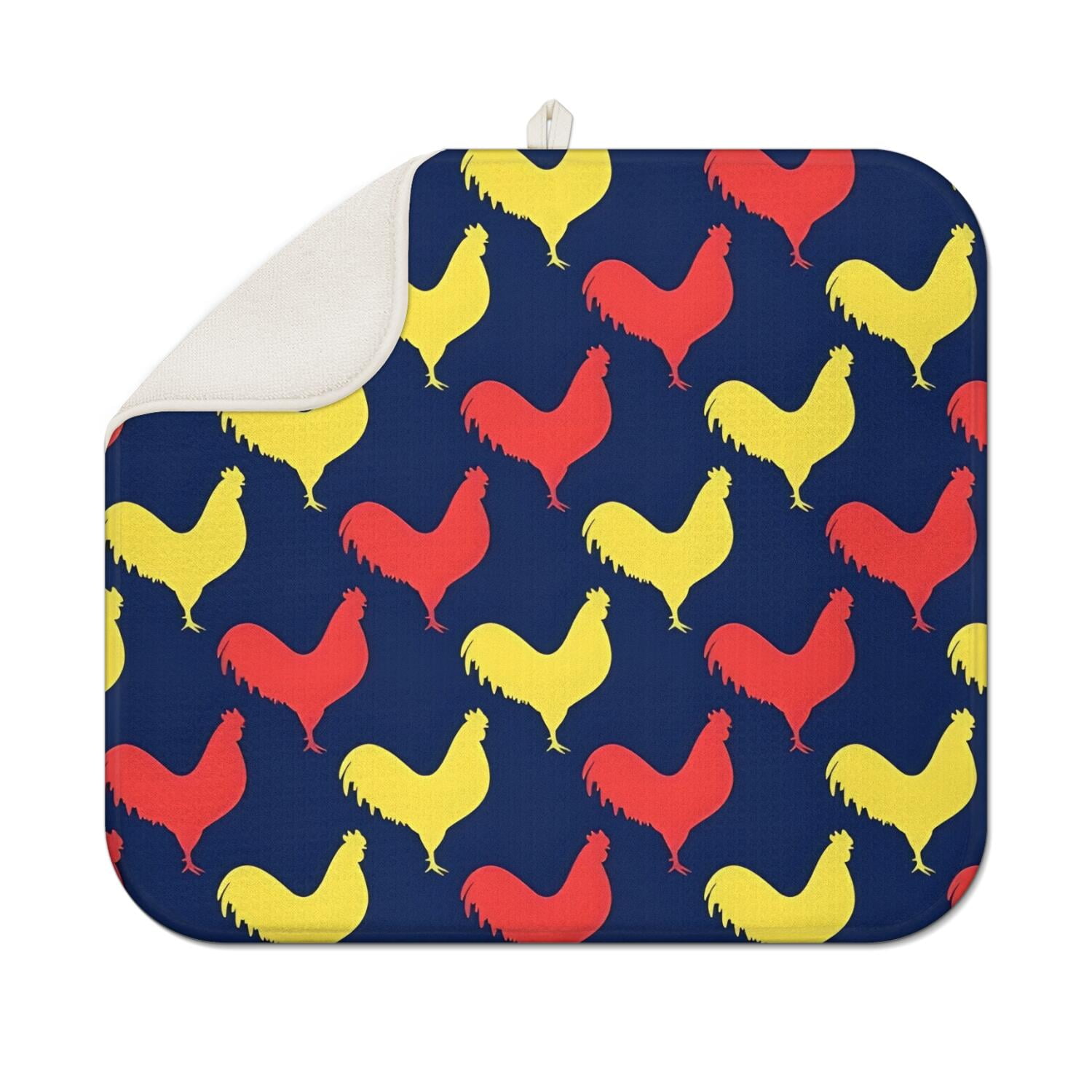 Blue Chicken Red Yellow Rooster Pattern Dish Drying Mat for Kitchen 1 ...