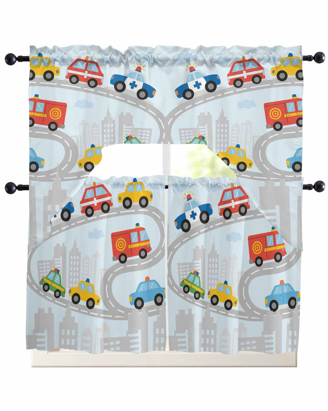 Blue Childlike Fun Kitchen Curtains Sets 36 Inch Length with Valance ...