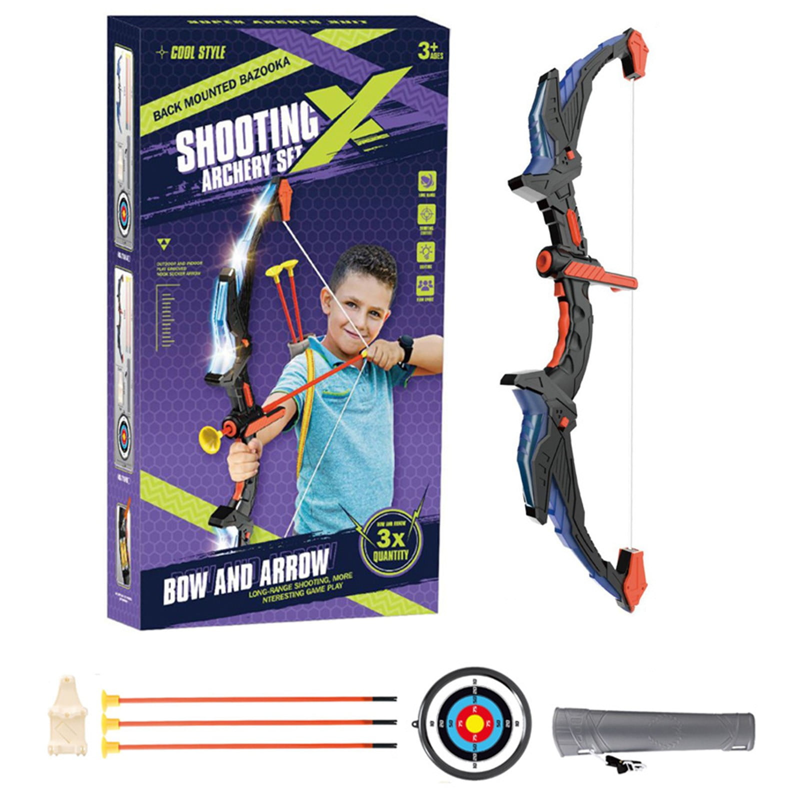 Blue Children'S Archery Toy Set With 4 Suction Arrows, Quiver And Light Up Bow For Outdoor Skill ...